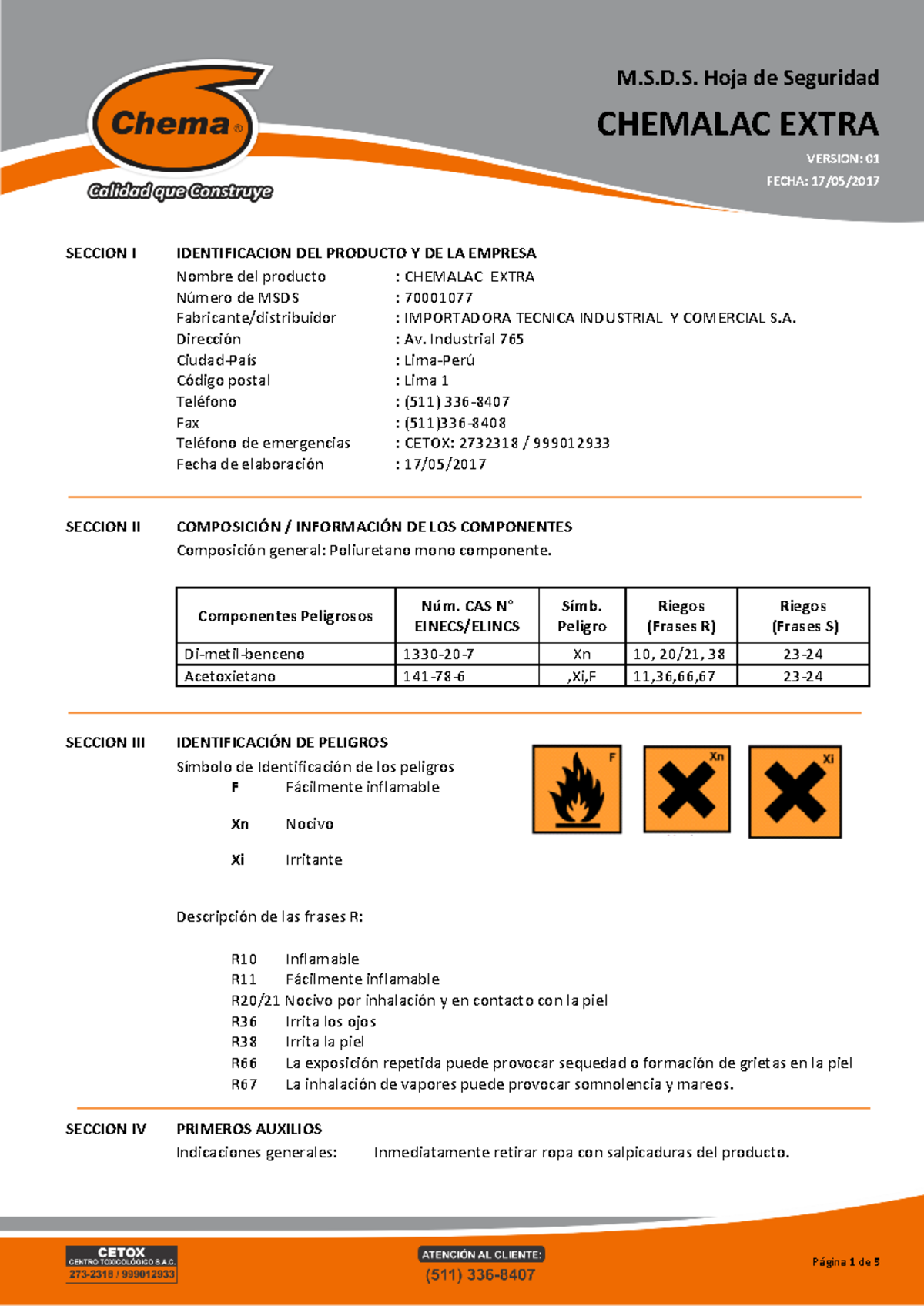 MSDS - Chemalac Extra - Ficha de Seguridad Completa - Studocu