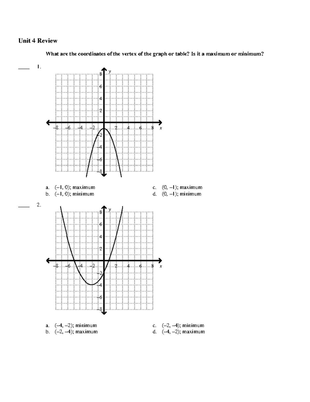 Unit 4 Review: Vertex Coordinates & Quadratic Functions Analysis - Studocu