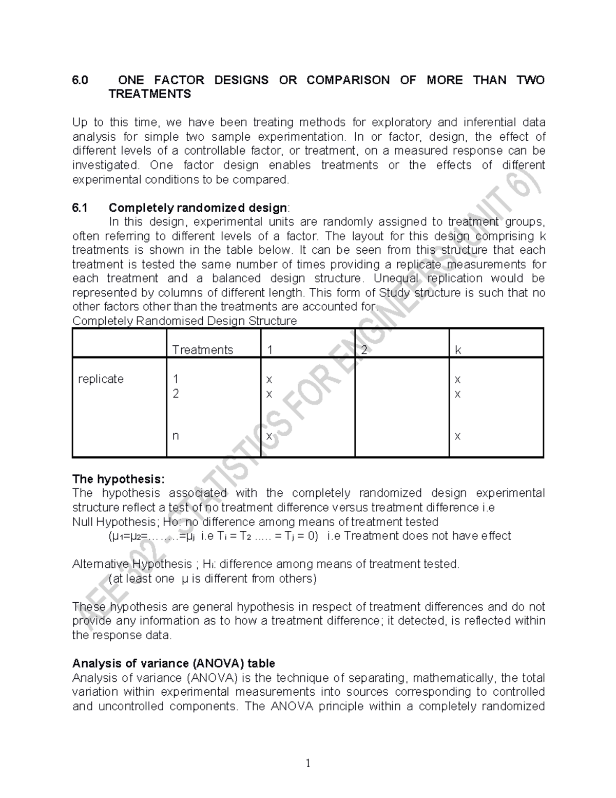 AEE 302 Note - Unit 6: One Factor Designs & ANOVA Analysis - Studocu