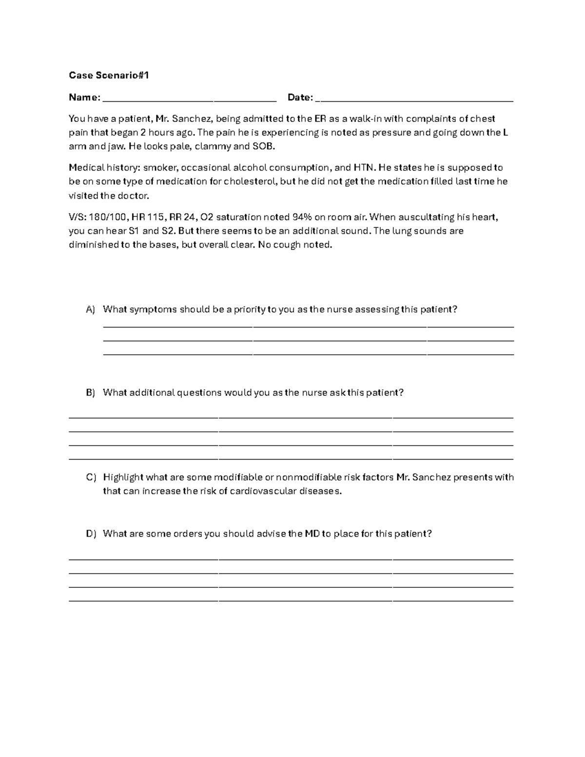 Nursing Case Scenario #1: Mr. Sanchez's Chest Pain Assessment - Studocu