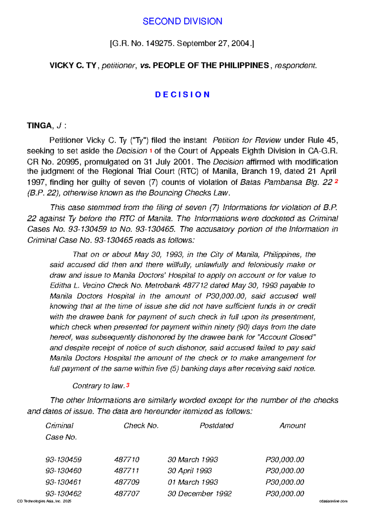 Ty v. People: Review of B.P. 22 Violation Decision (G.R. No. 149275 ...