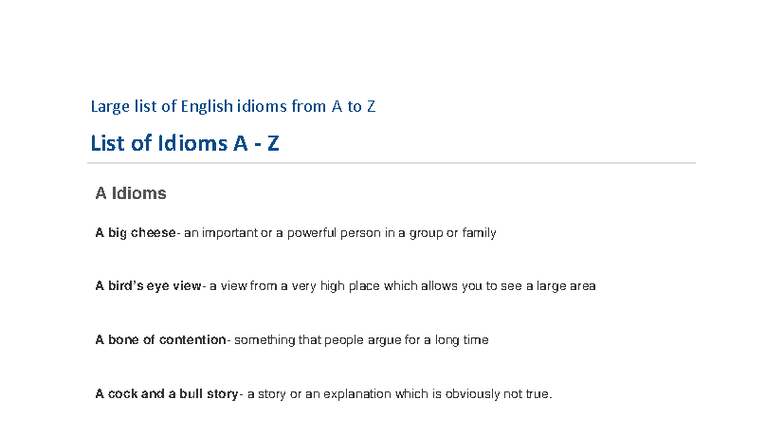 Comprehensive A-Z List of English Idioms for Language Learners - Studocu