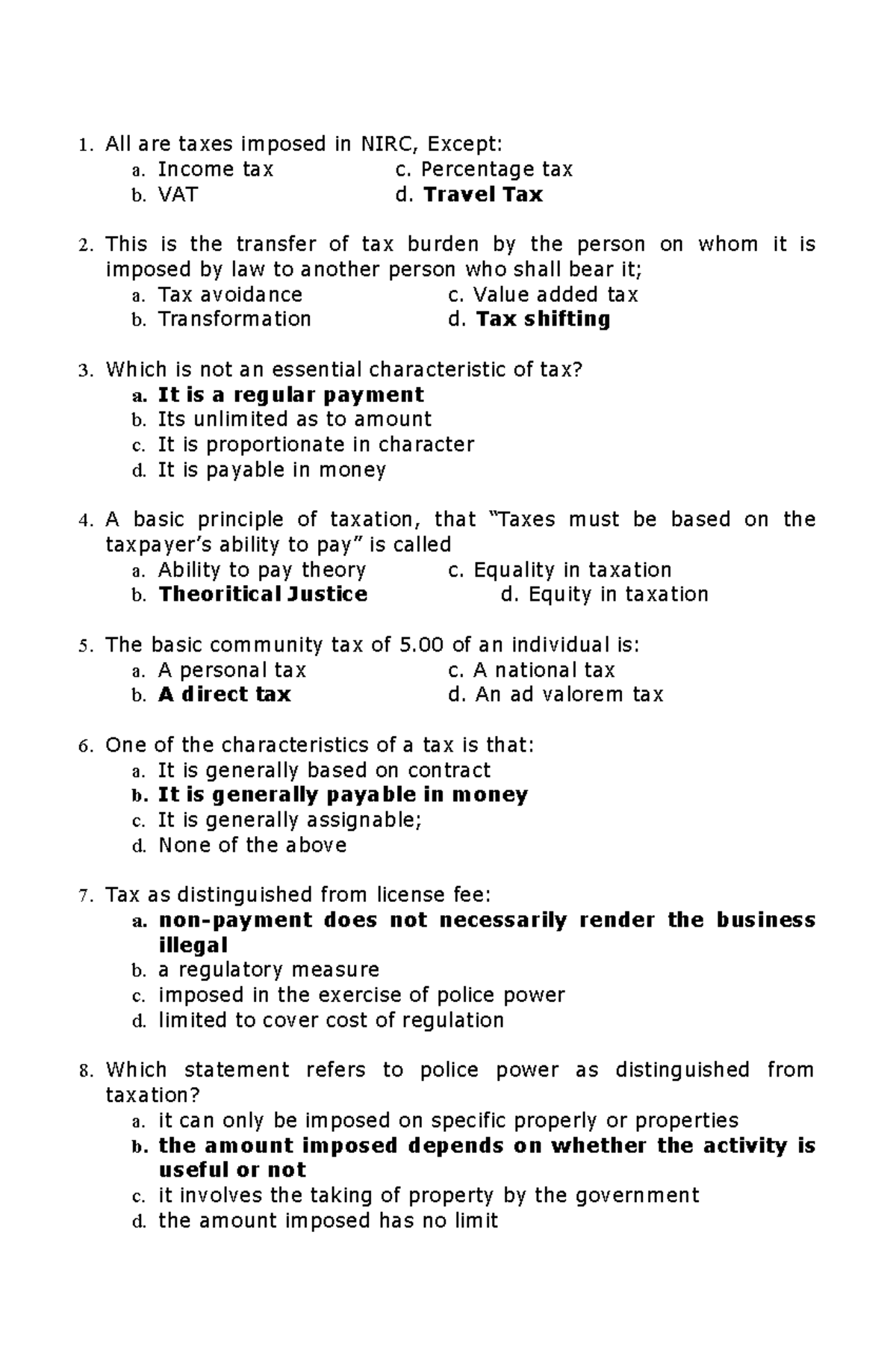 Taxation Sample Exam Questionnaire and Answers (Course Code: 249802567 ...