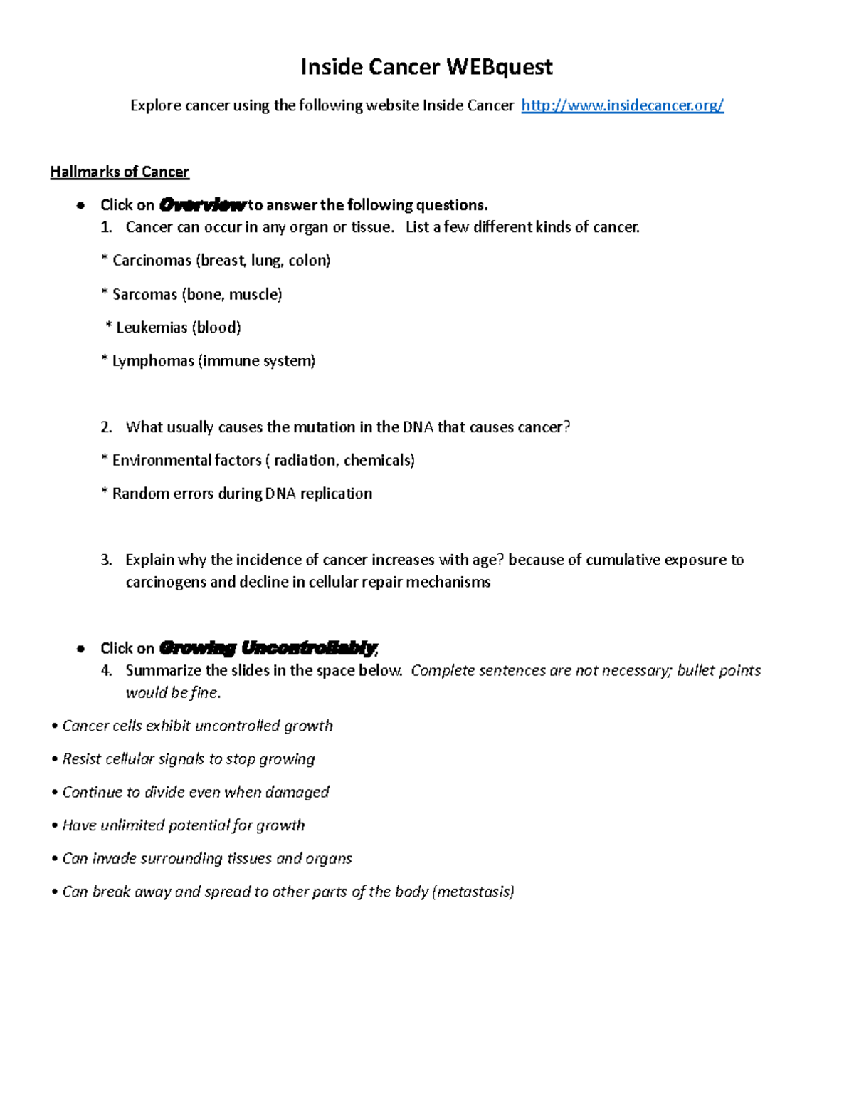 Inside Cancer WEBquest: Exploring Causes, Cell Growth, and Metastasis ...