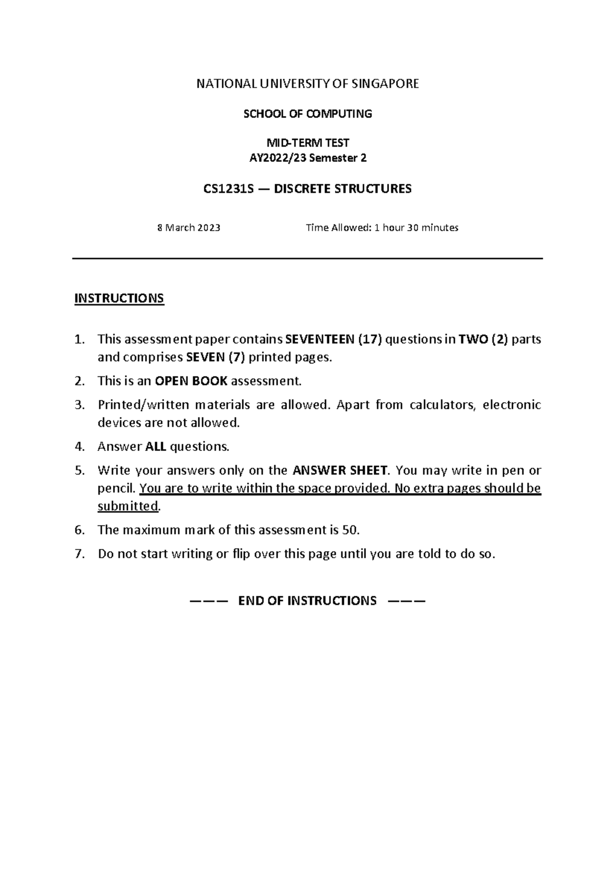 Midterm Exam Questions for CS1231S: Discrete Structures - Studocu