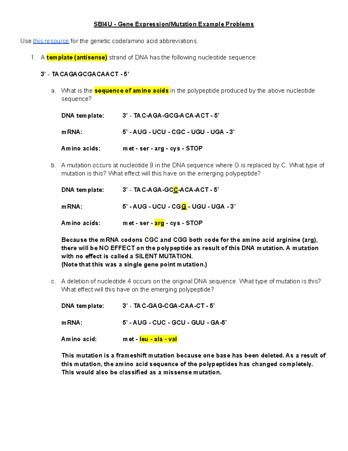 Gene Expression Mutation Example Problems Solutions - SBI4U - Gene ...