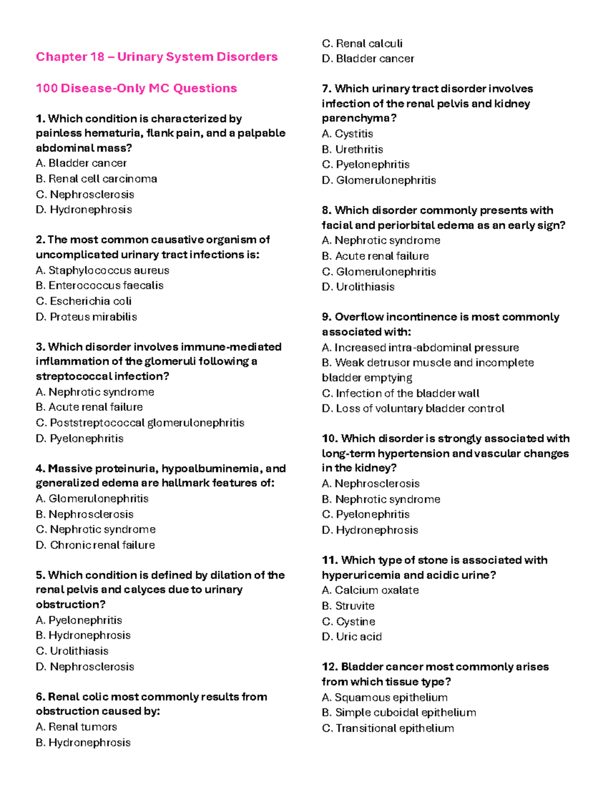 Chapter 18 Urinary System Disorders: 100 MCQs for Review - Studocu