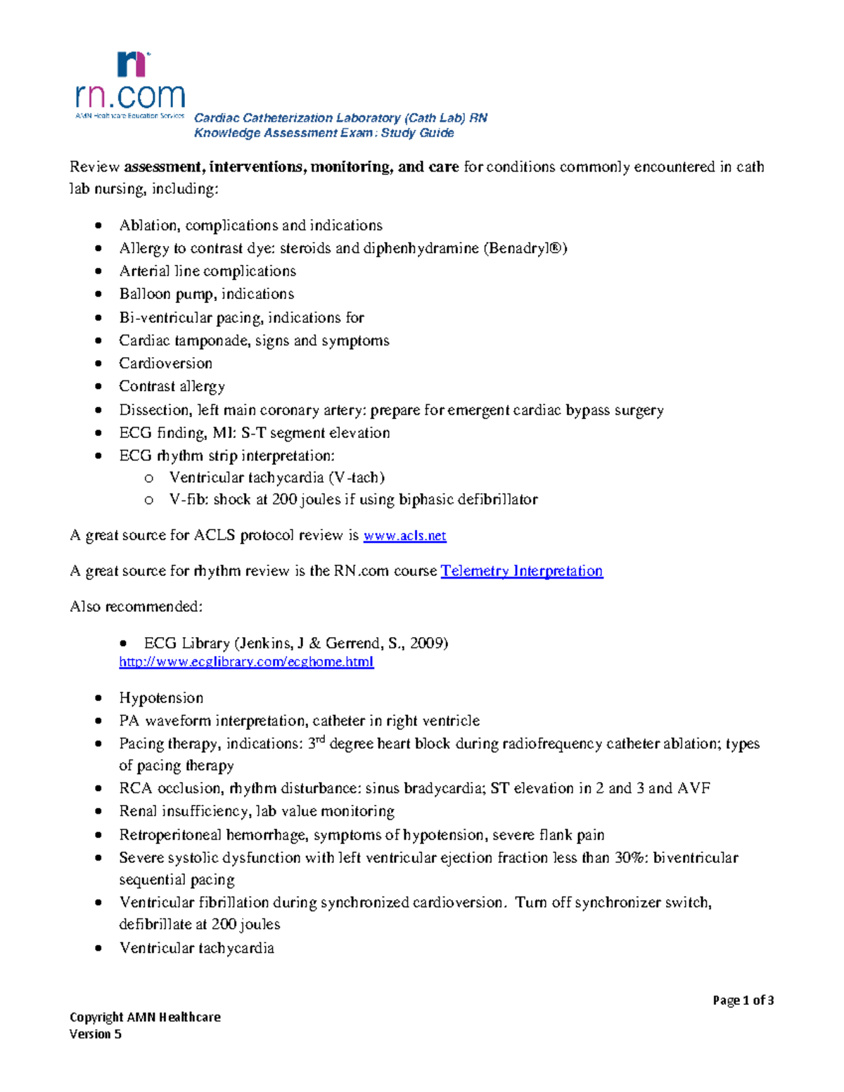 Cath Lab RNStudy Guidev 5 - Cardiac Catheterization Laboratory (Cath ...