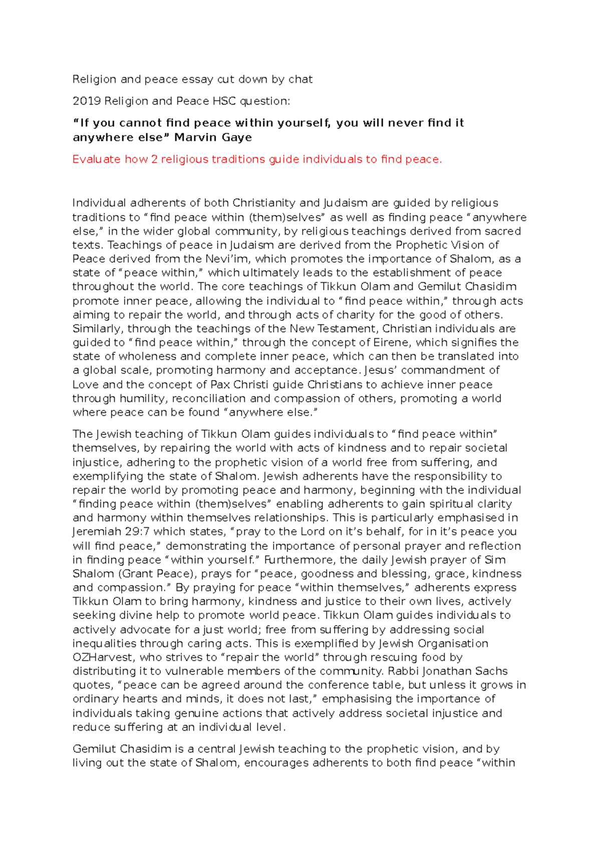 HSC Religion and Peace Essay: Evaluating Paths to Inner Harmony - Studocu