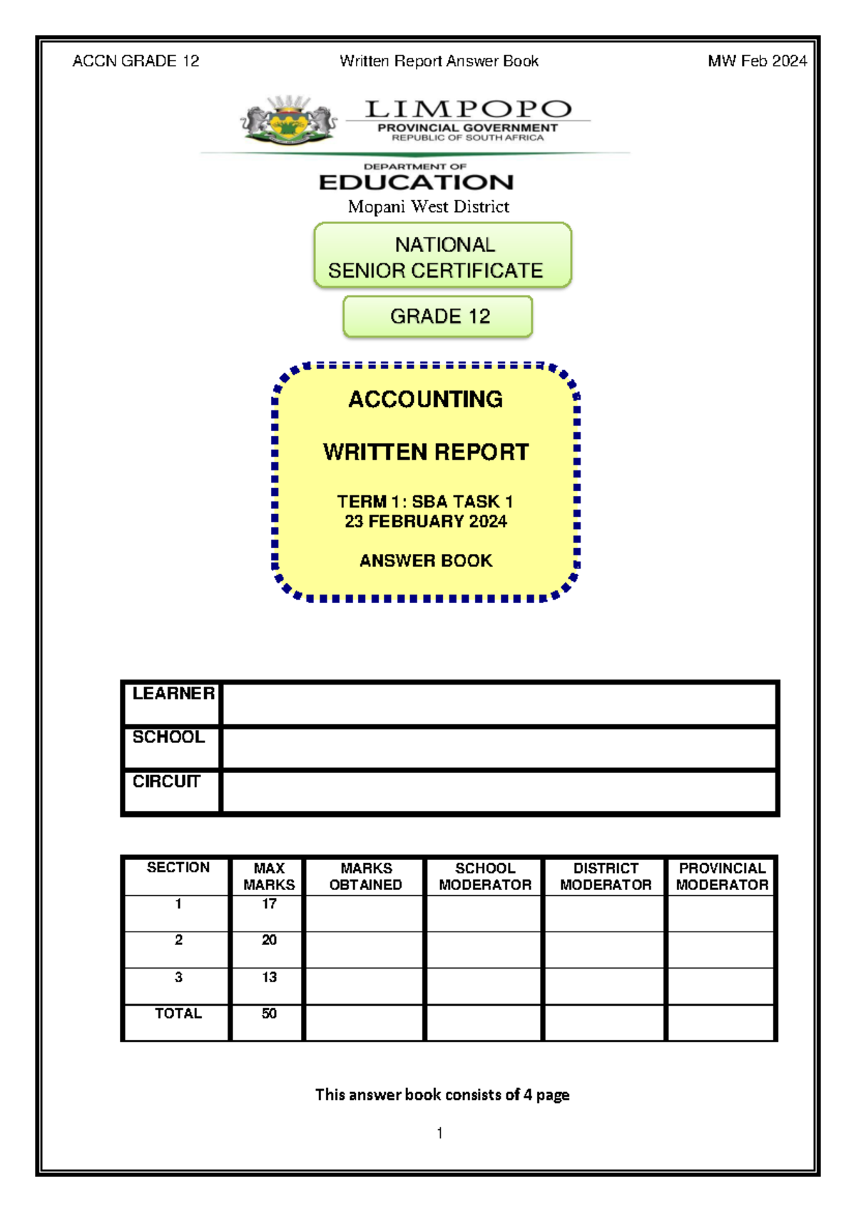 Accounting Grade 12 TERM 1 Written Report Answer Book 2024 - Studocu