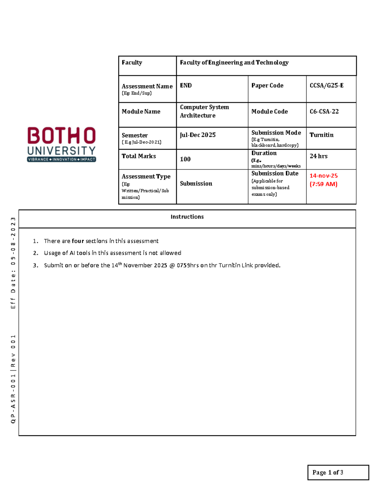 C6-CSA-22 End Semester Exam Assessment on Computer System Architecture ...