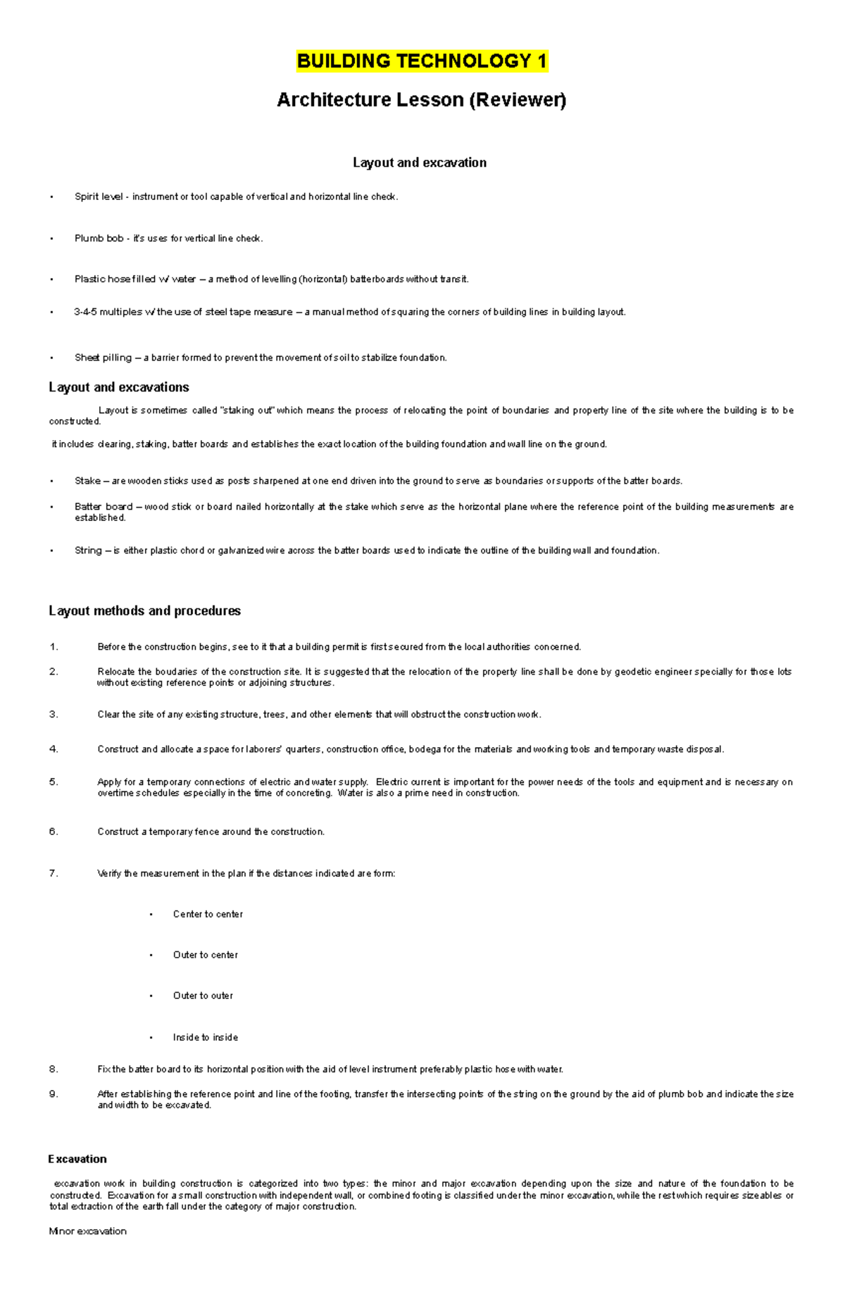 Building Technology 1: Architecture Lesson Review and Excavation Notes ...