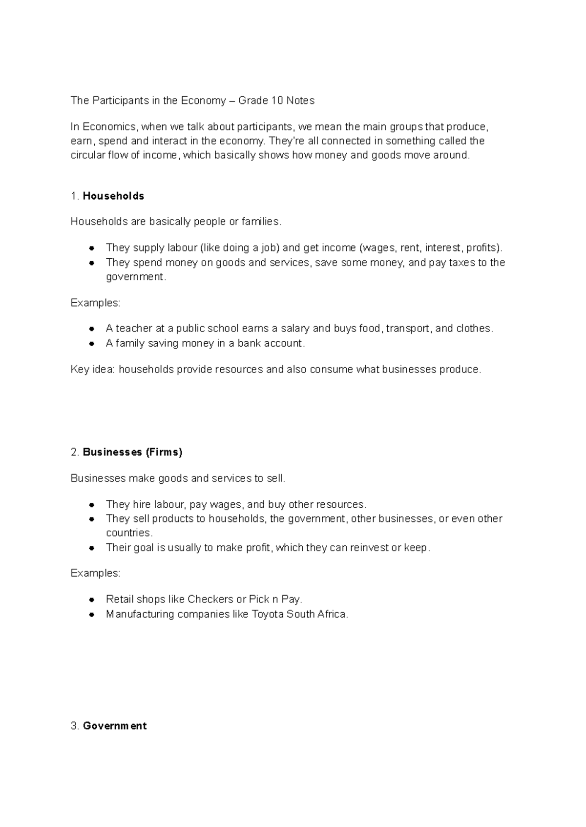 Grade 10 Economics: Participants in the Economy Notes - Studocu