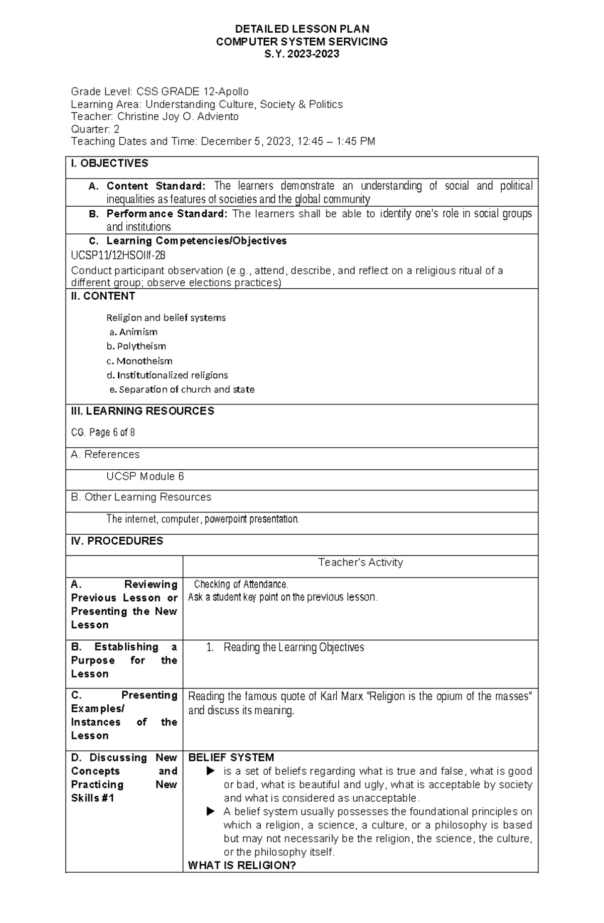 Detailed Lesson Plan: Religion & Belief Systems in CSS 12-A - Studocu