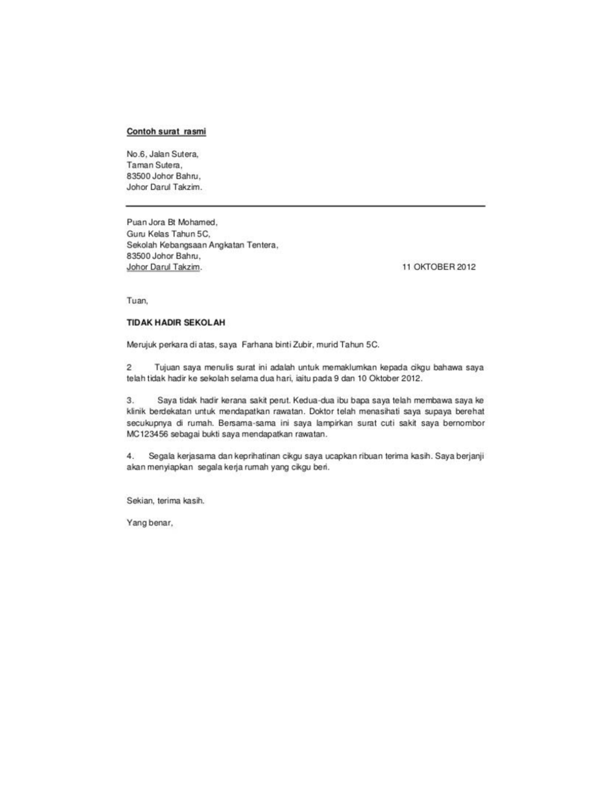 Contoh Surat Formal Sekolah