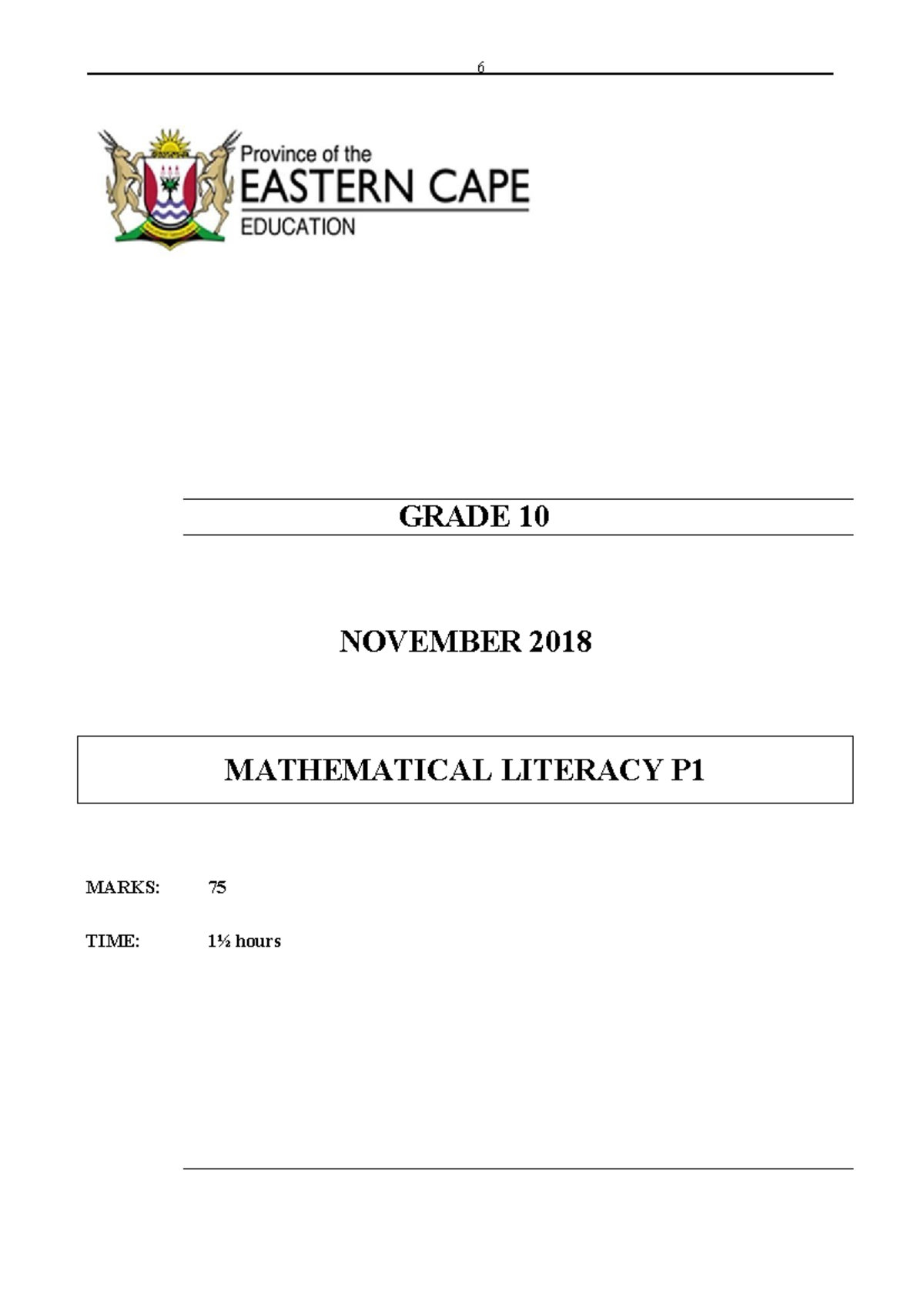 Maths-LIT P1 Grade 10 Nov 2018 Exam Paper & Solutions - Studocu