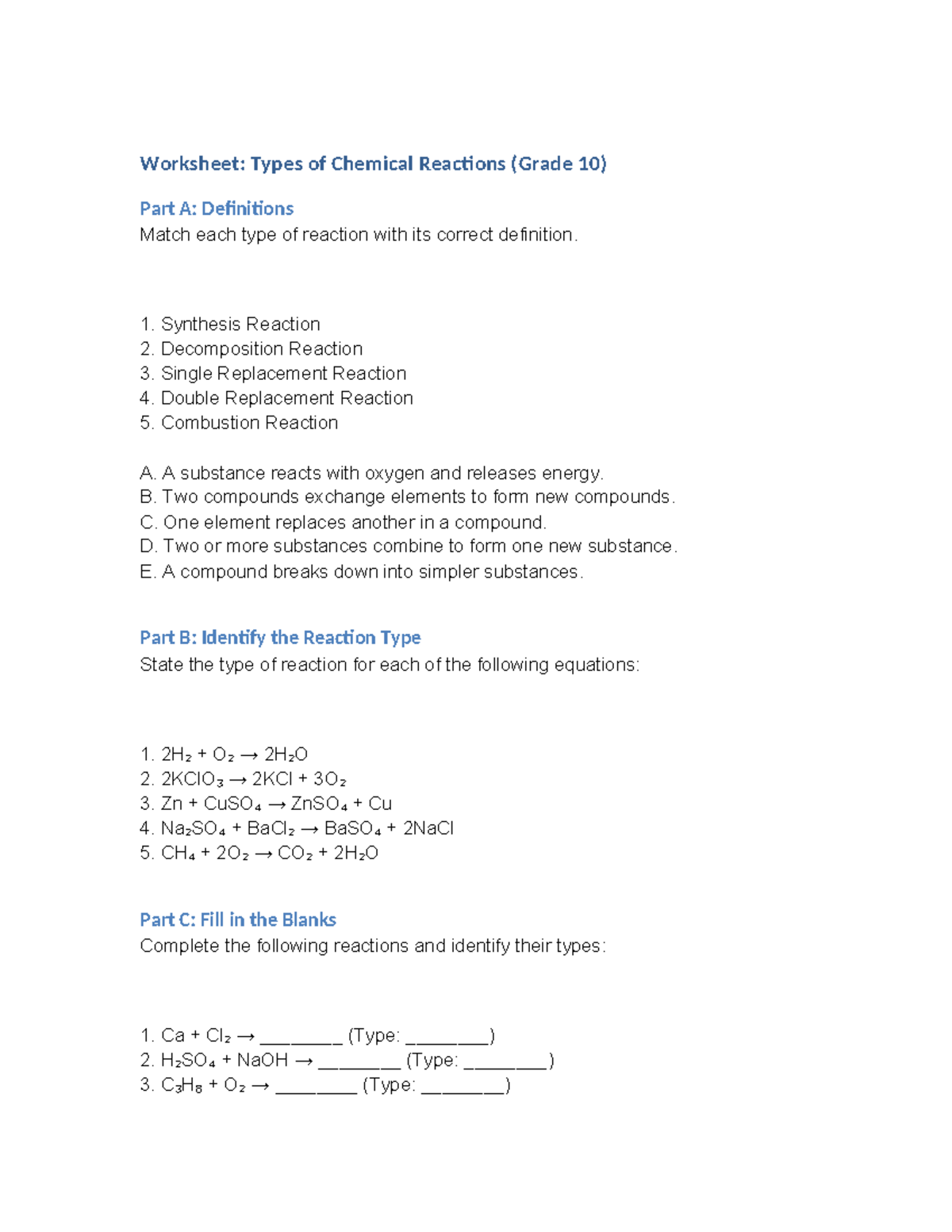 Grade 10 Worksheet: Types of Chemical Reactions & Definitions - Studocu