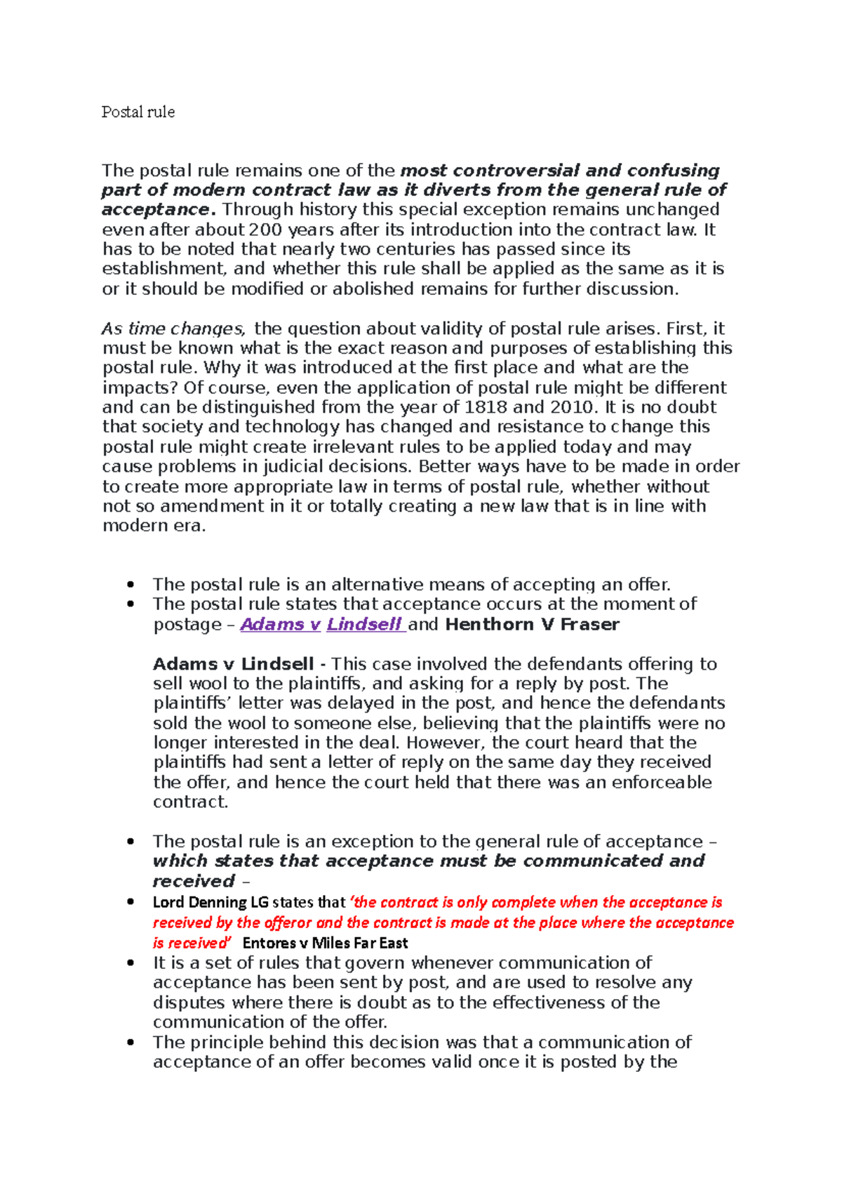 Postal rule - Through history this special exception remains unchanged ...