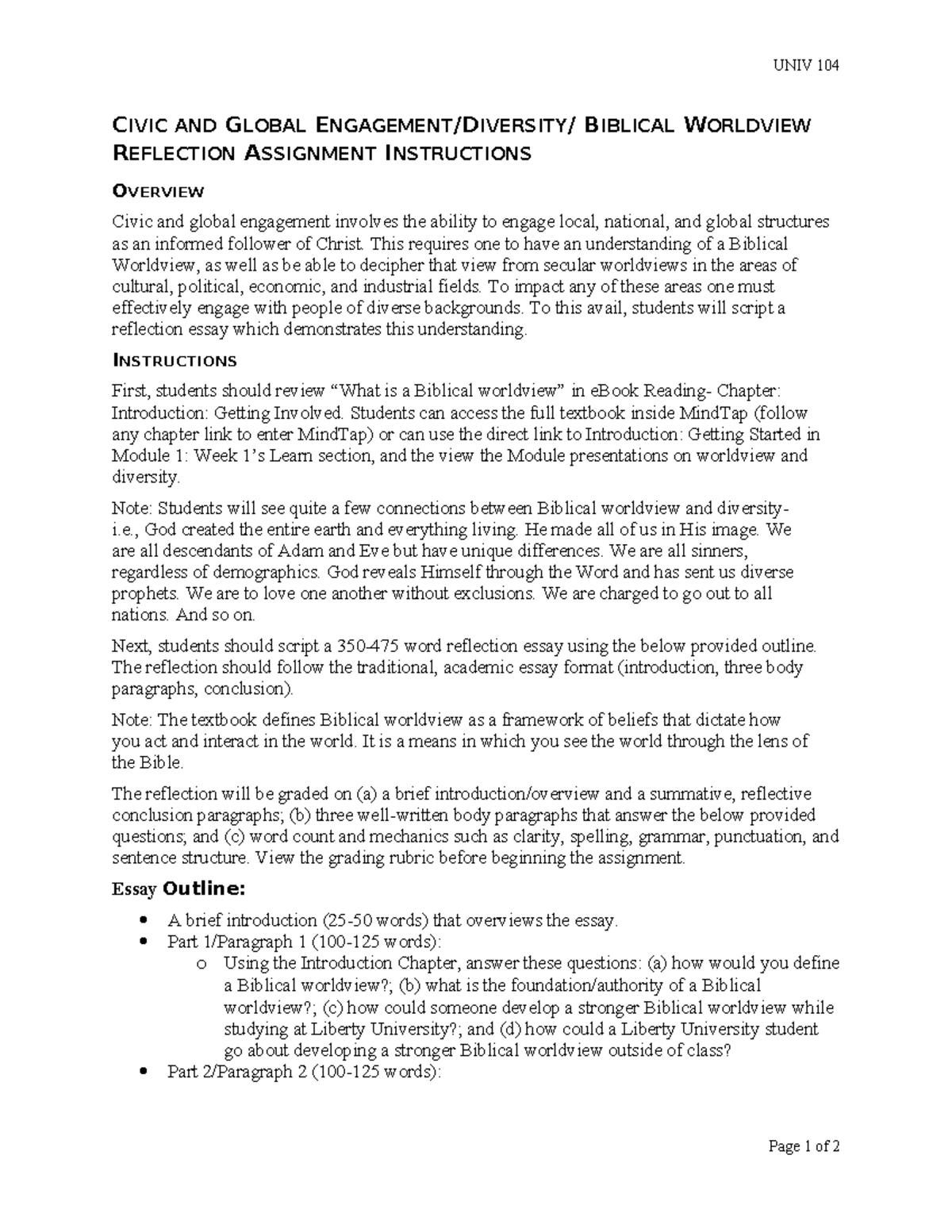 UNIV 104 Civic & Global Engagement: Biblical Worldview Reflection Guide ...