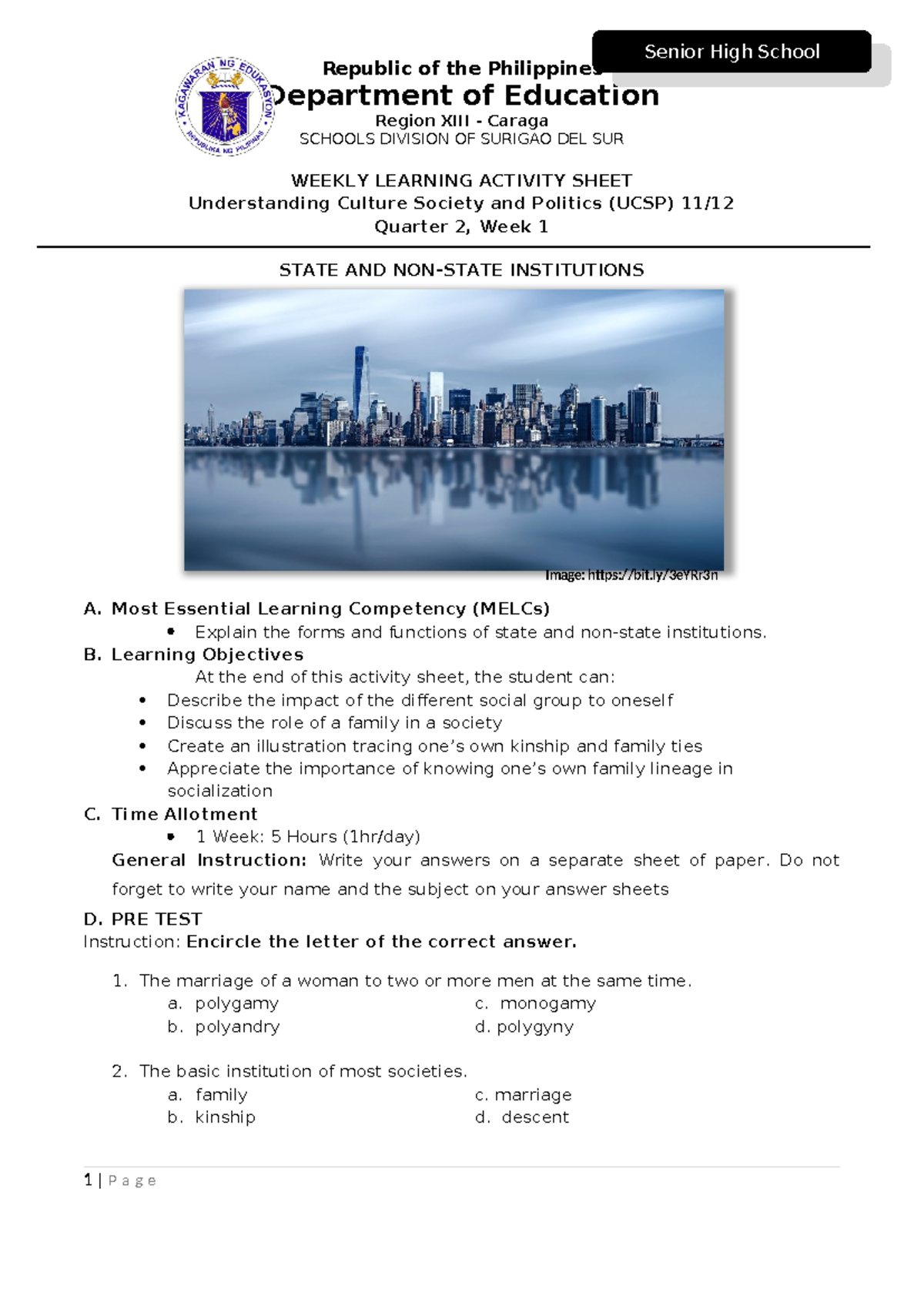 Weekly Learning Activity Sheet for UCSP 11: State & Non-State ...