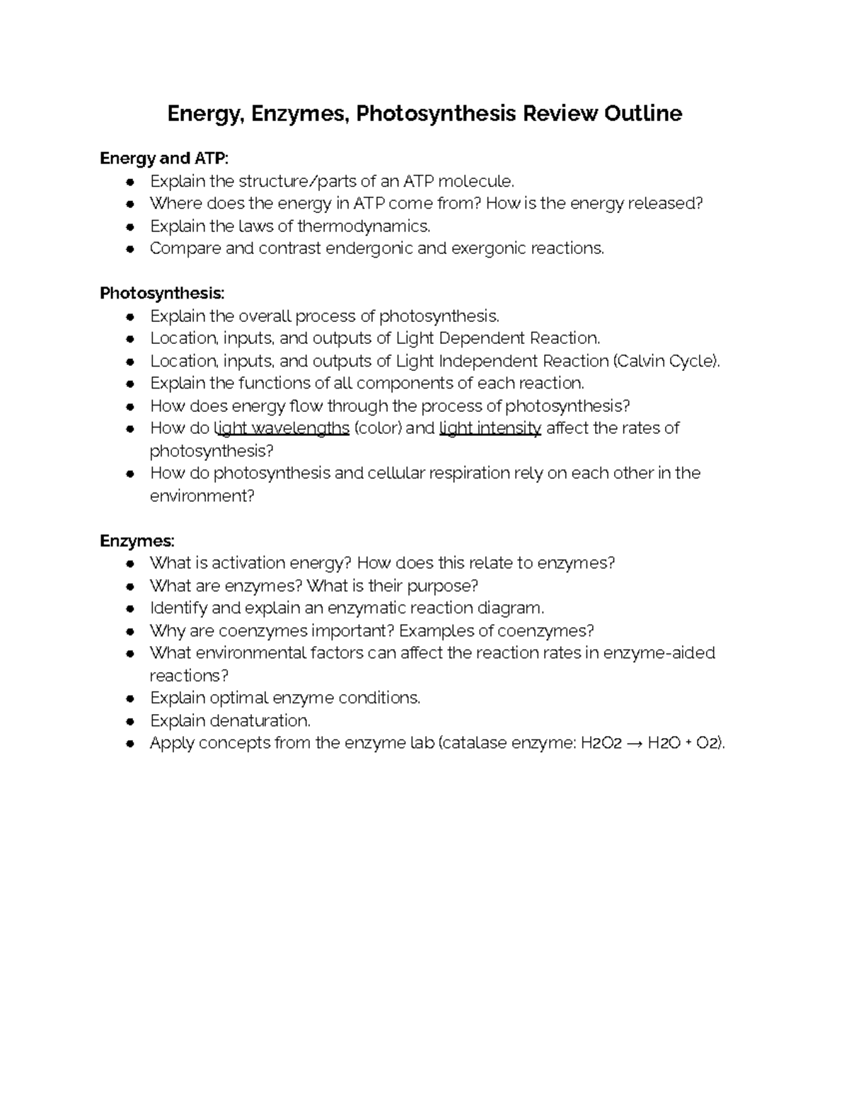 Energy, Enzymes & Photosynthesis Review Outline (Biology 101) - Energy ...