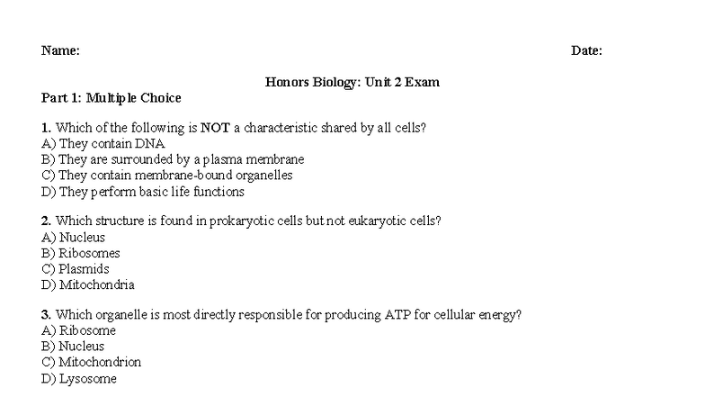 Honors Biology: Unit 2 Exam 1 - Multiple Choice Questions - Studocu