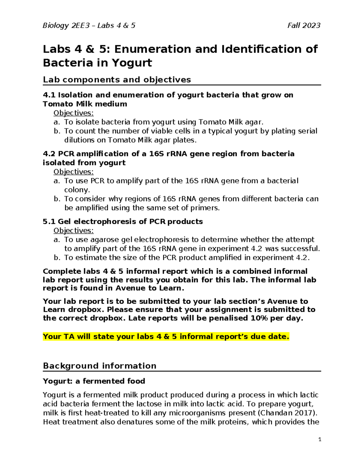 Biology 2EE3 Fall 2023 Labs 4 & 5: Bacterial Enumeration in Yogurt ...