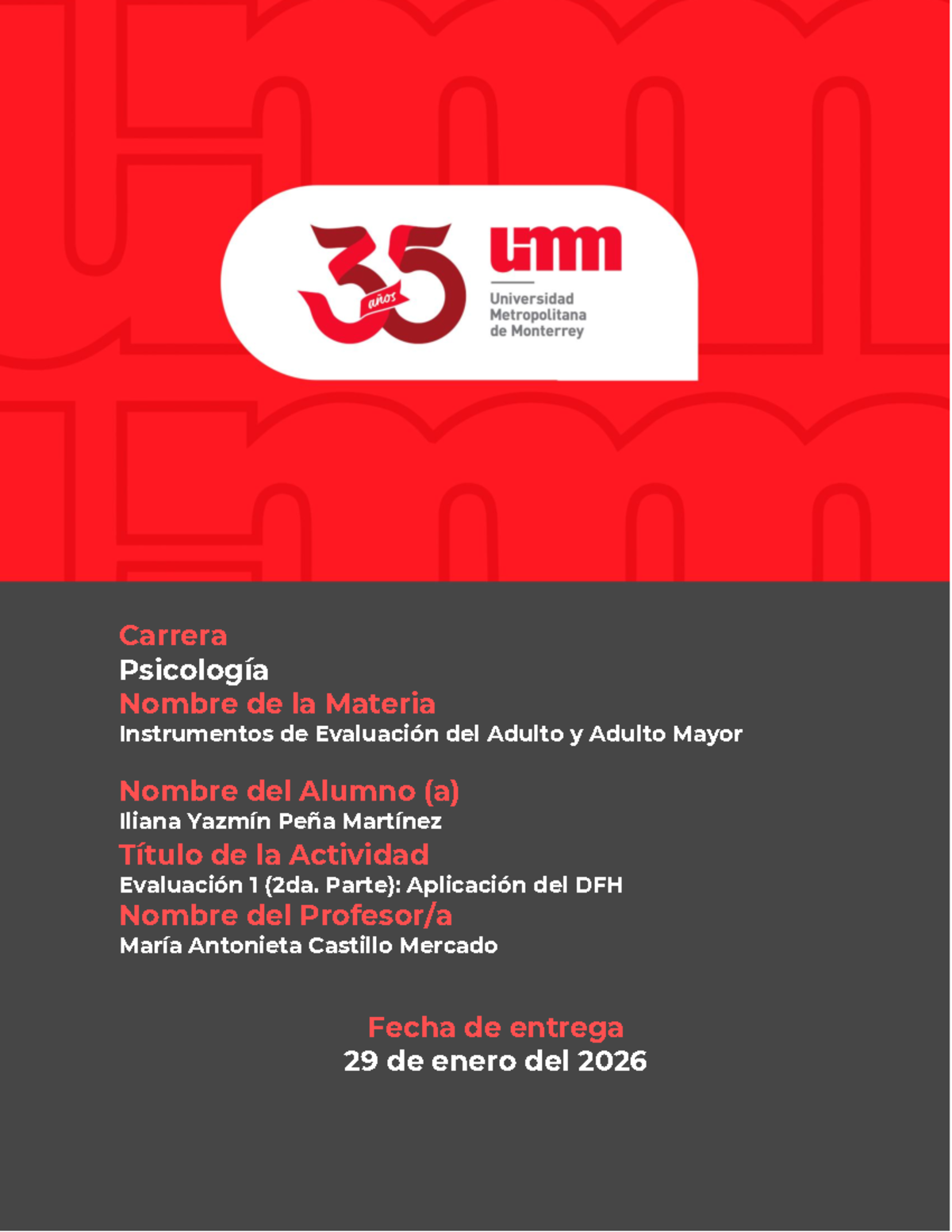 Evaluación 1 (2da. Parte): Aplicación del DFH en Psicología 1 Carrera ...
