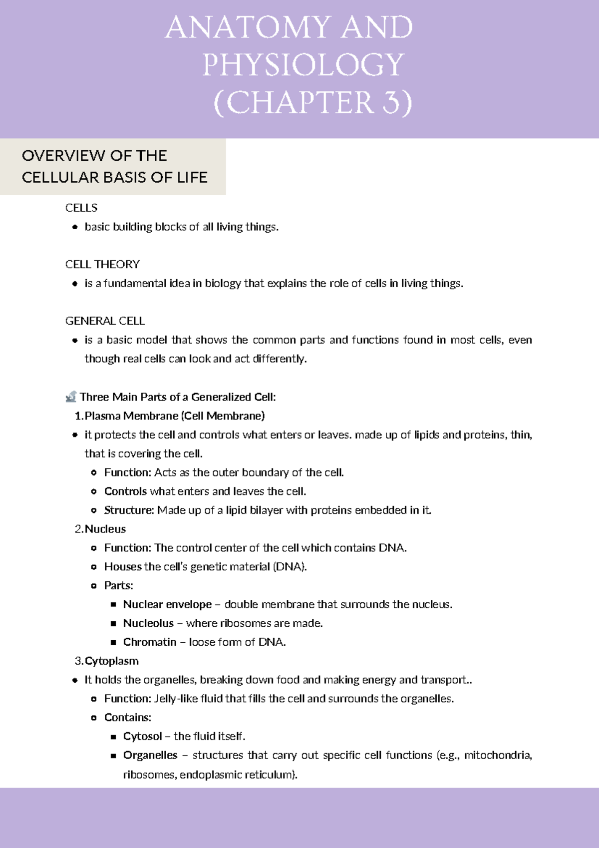 ANATOMY AND PHYSIOLOGY (CHAPTER 3) CELLULAR BASIS OF LIFE OVERVIEW ...