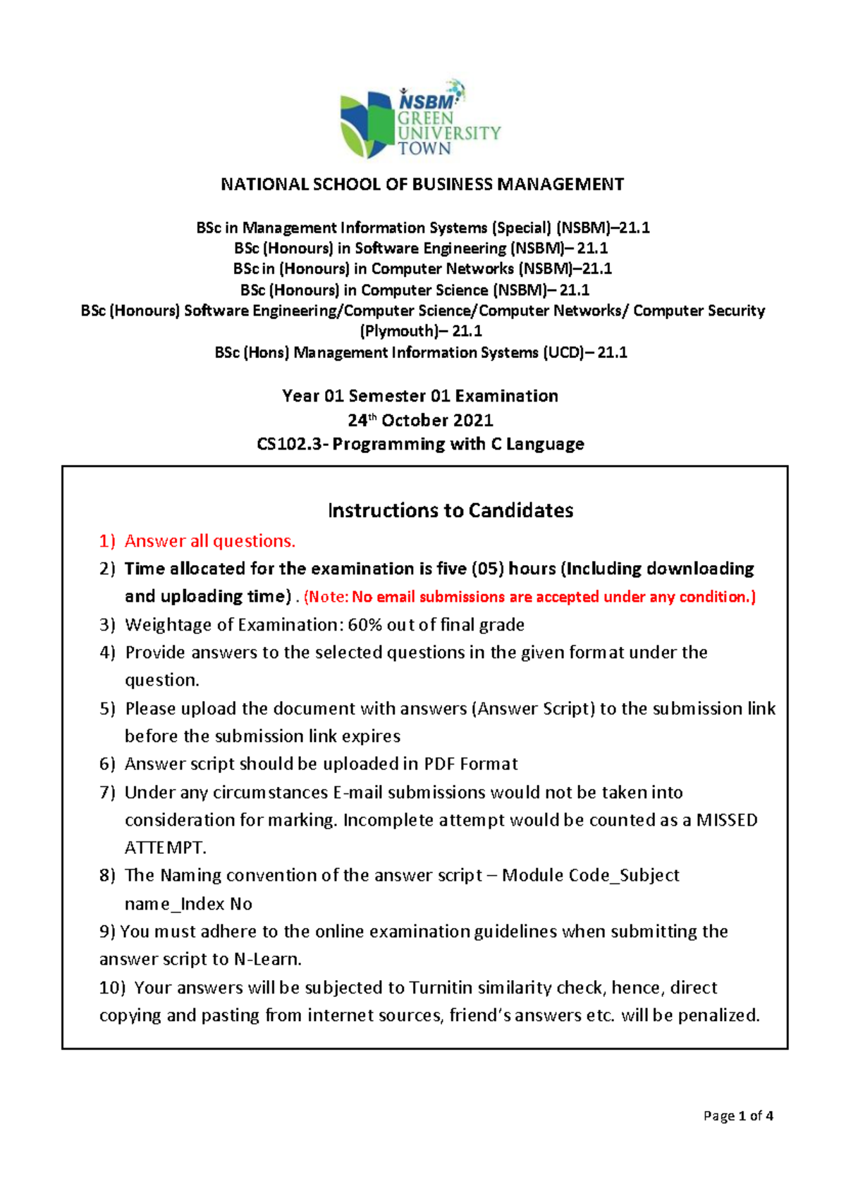 Programming in C - NATIONAL SCHOOL OF BUSINESS MANAGEMENT BSc in ...