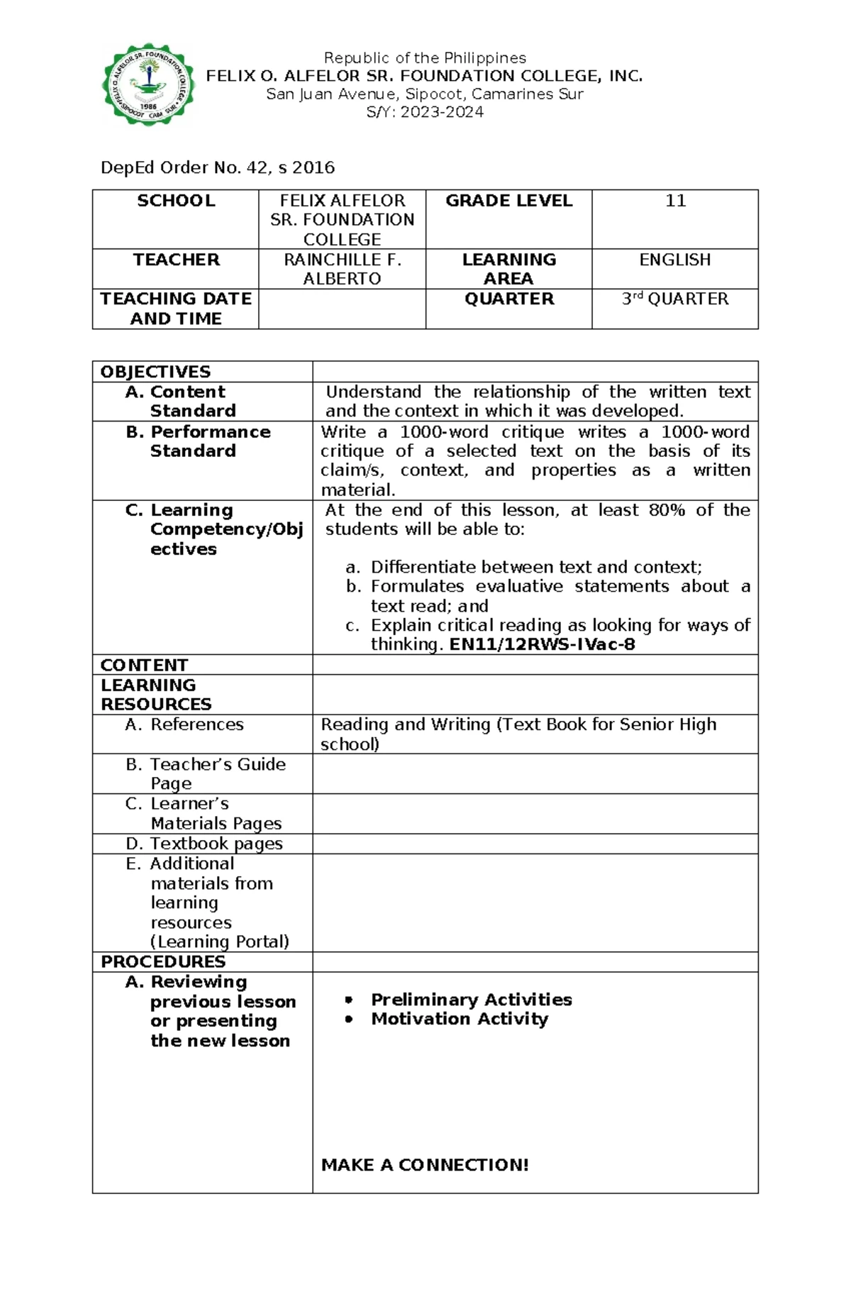 Multimodal Lesson Plan for English (Grade Level) - LP 2023 - Studocu