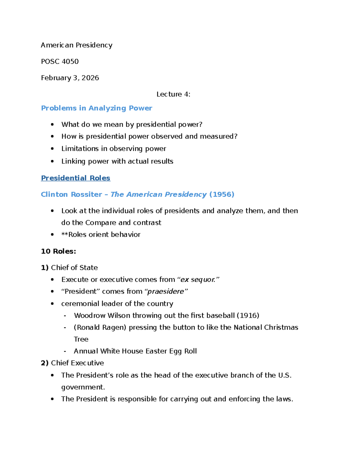 Analyzing Presidential Power: POSC 4050 Lecture 4 Notes - Studocu
