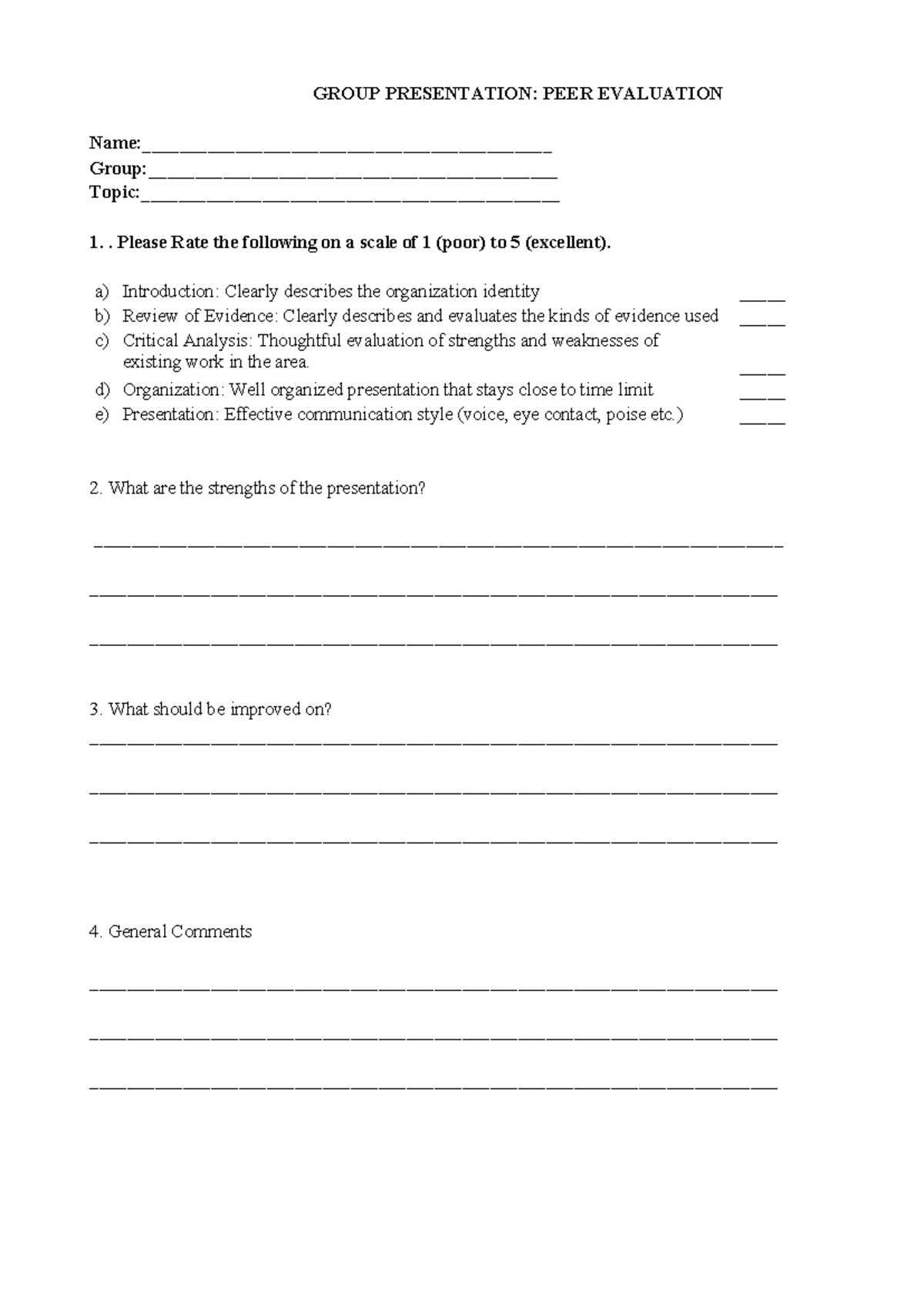 Group Presentation - PEER Evaluation - GROUP PRESENTATION: PEER ...