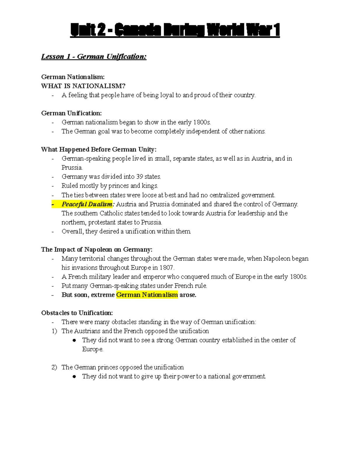 Unit 2 - Lecture Notes on Canada in World War 1: Nationalism & Key ...