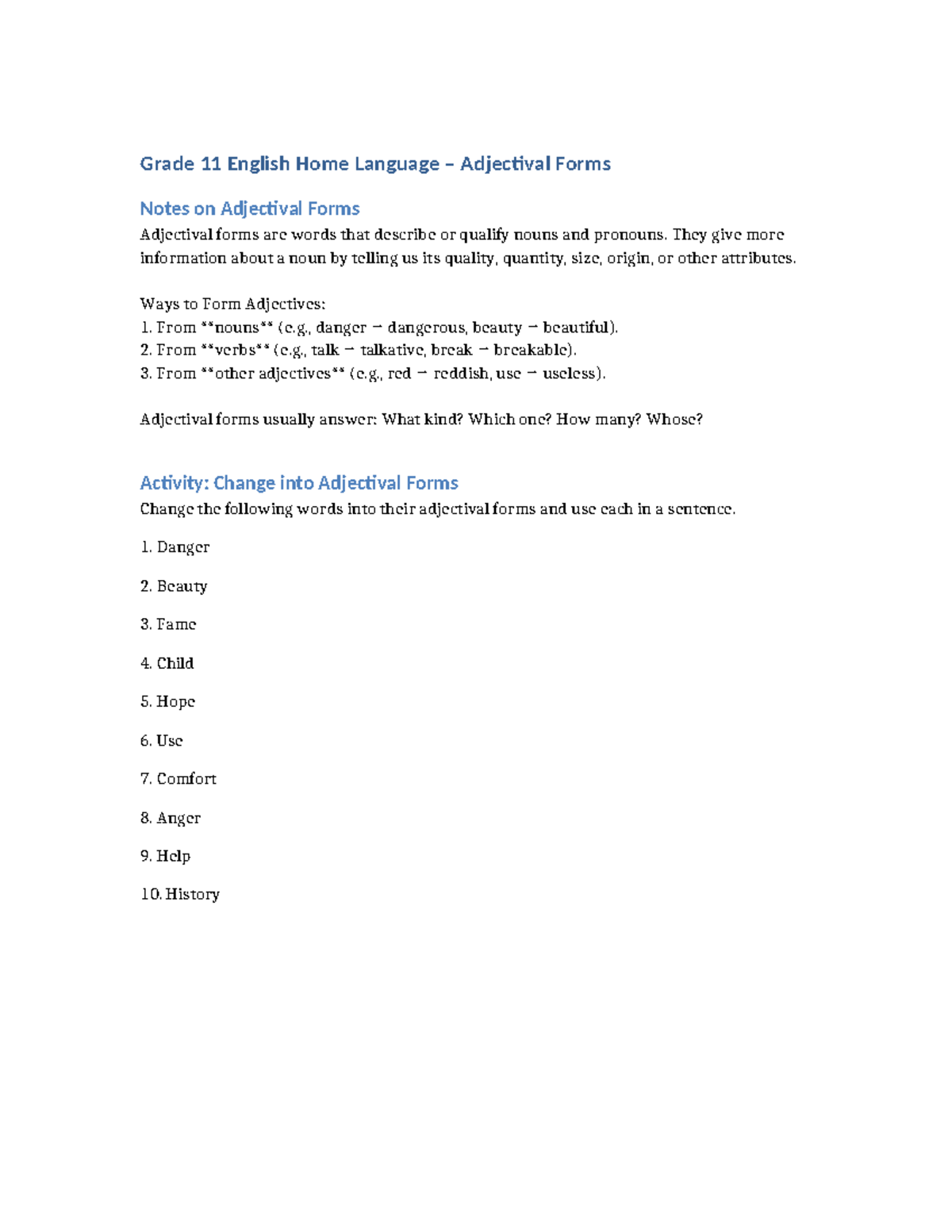 Grade 11 English Home Language Adjectival Forms Worksheet - Studocu