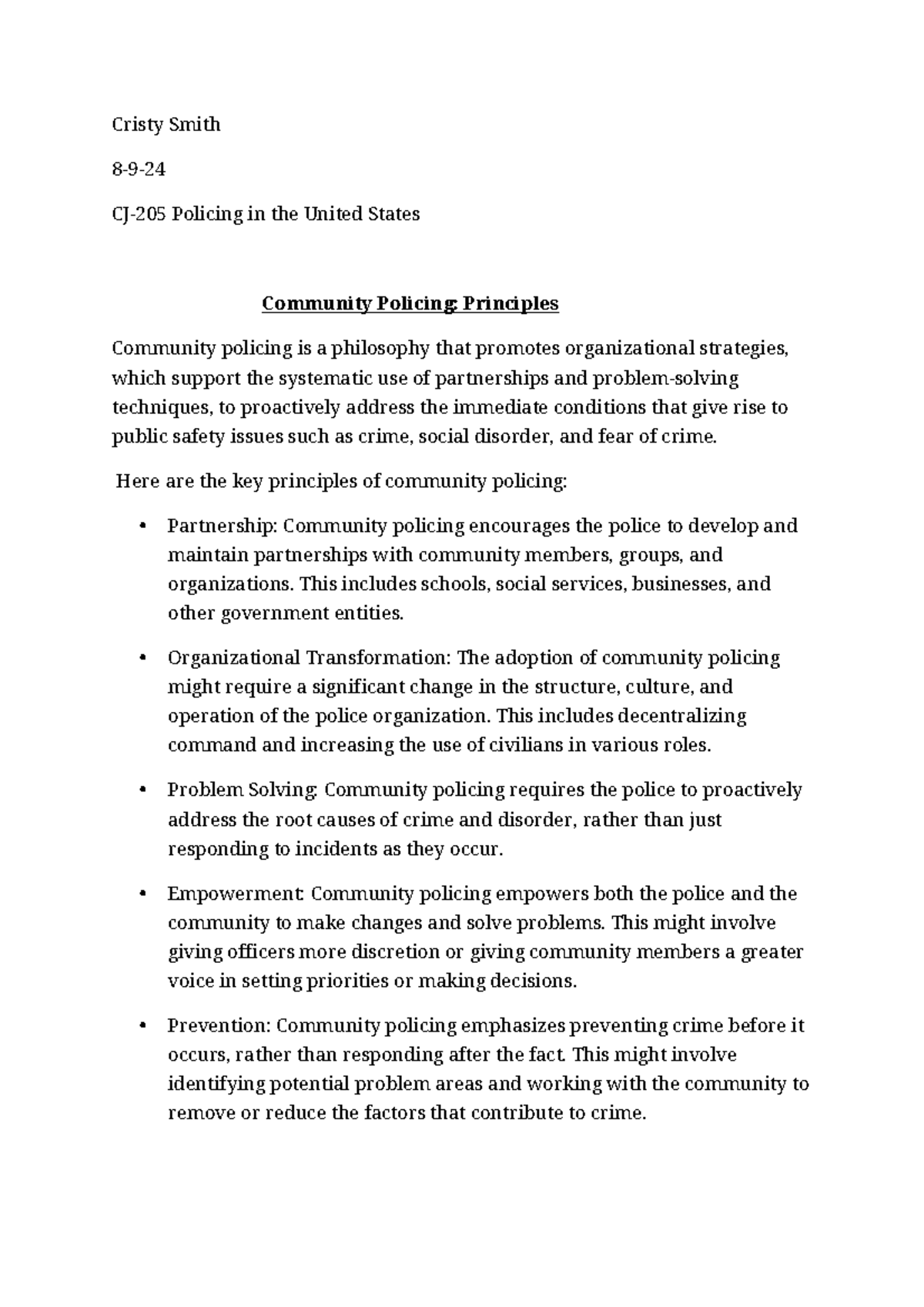 Cristy Smith - Assignment - Cristy Smith 8-9- CJ-205 Policing in the ...