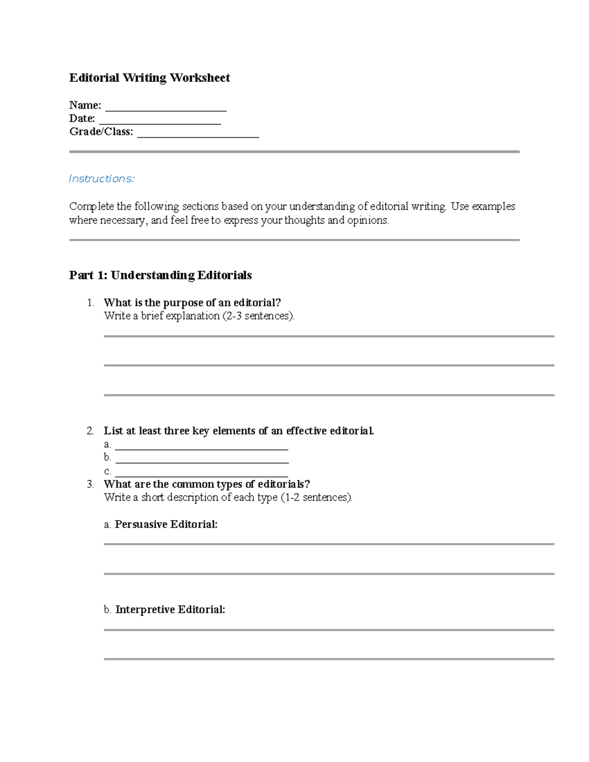 Editorial Writing Worksheet - Practice 1 for Class Assignments - Studocu