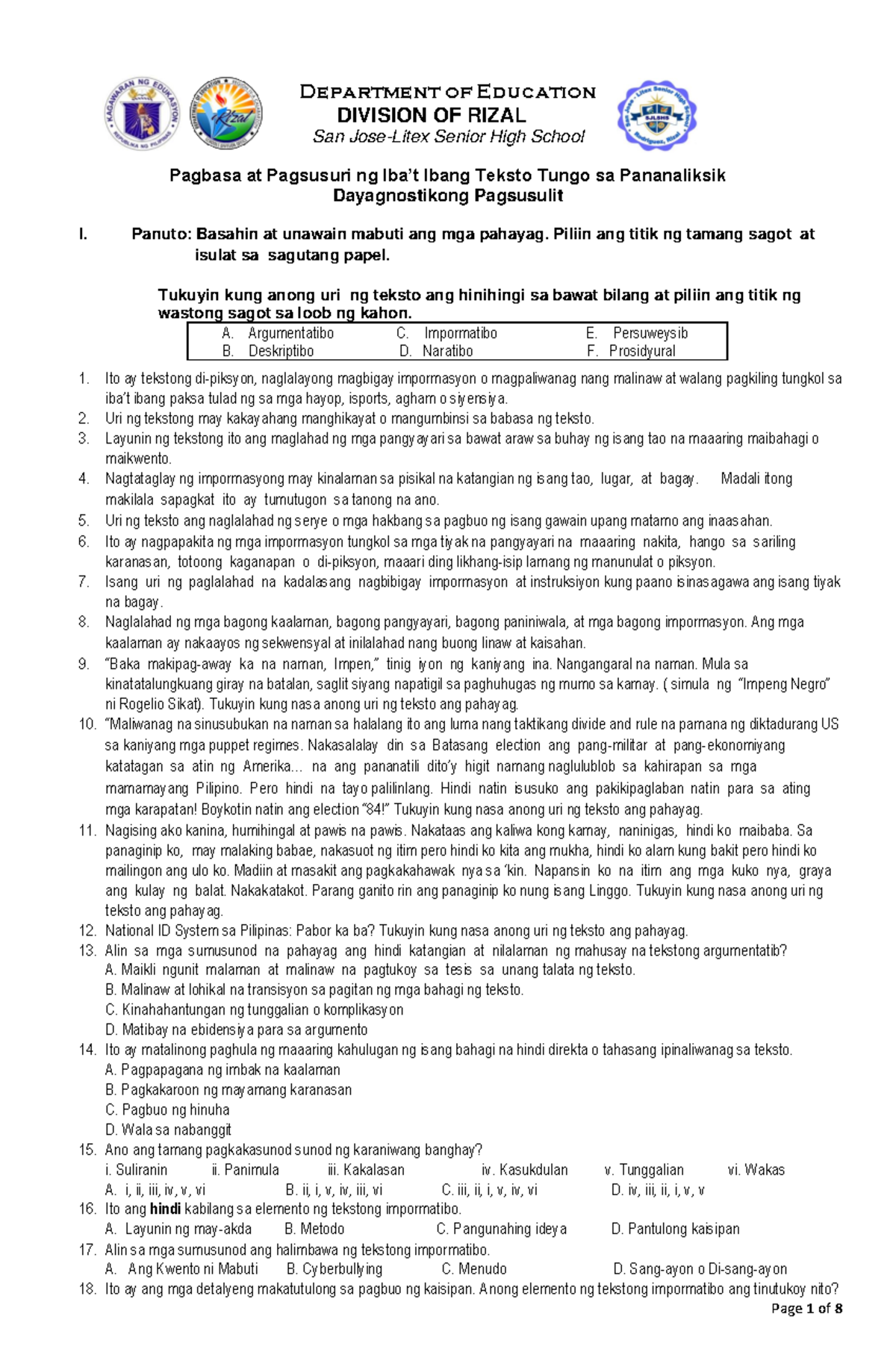 Dayagnostikong Pagsusulit sa Pagbasa at Pagsusuri (Pagbasa at Pagsusuri ...