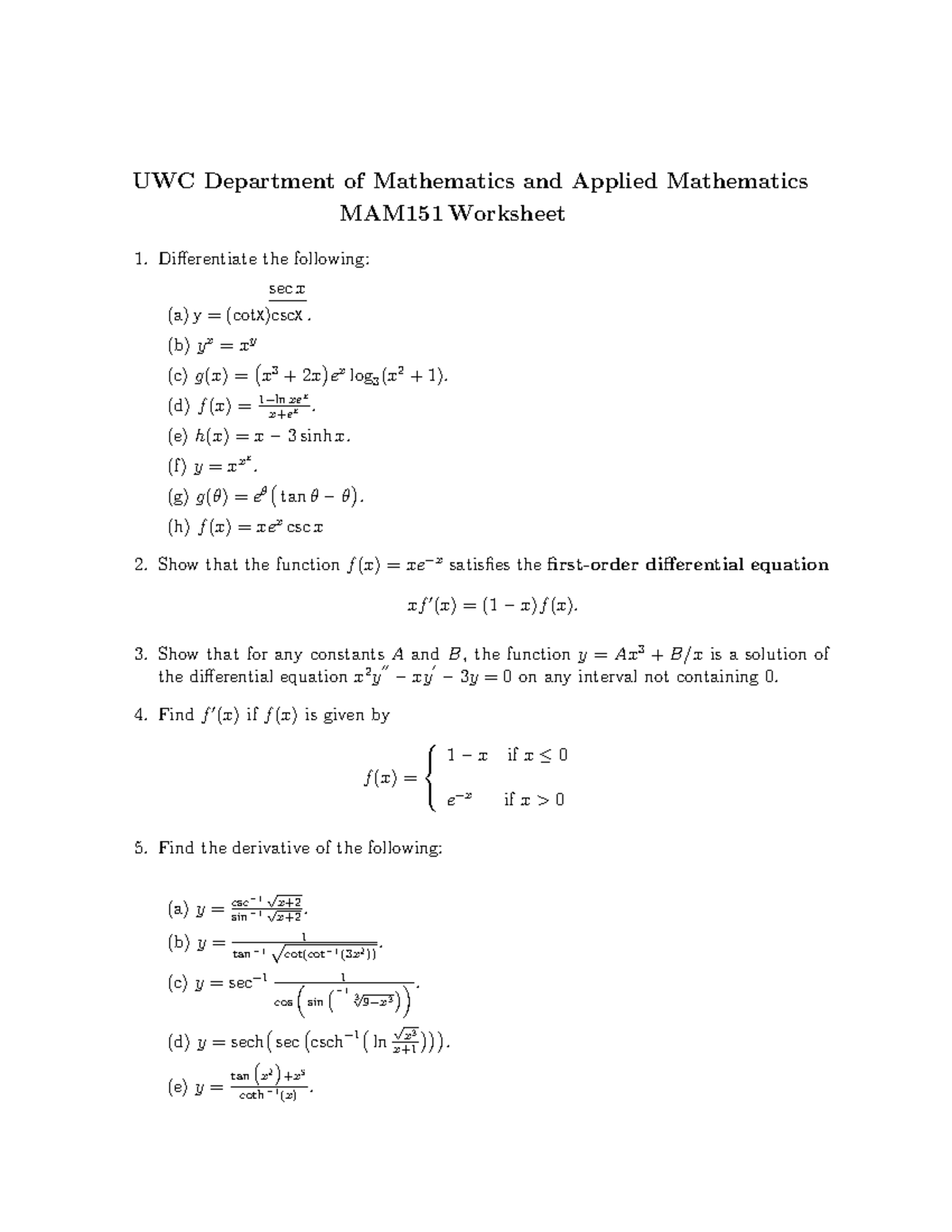 MAM151 Derivatives Worksheet 1: Differentiation Problems - Studocu