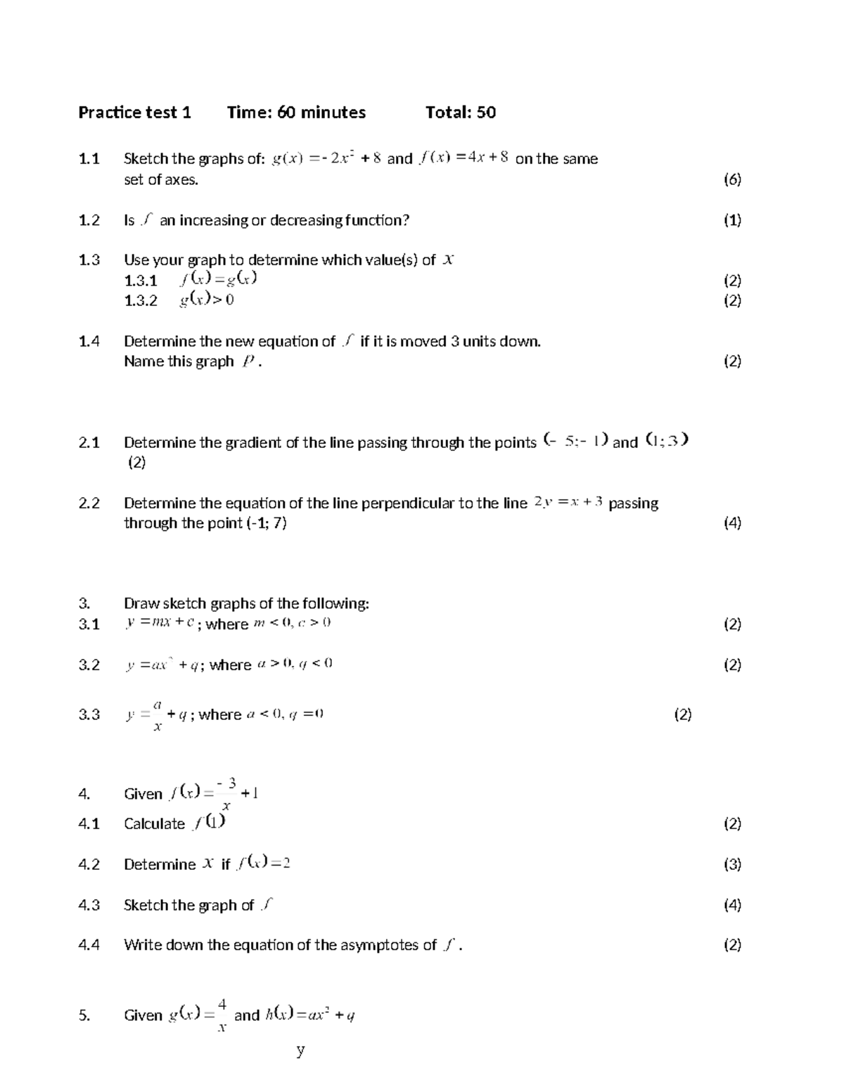 Gr 10 Functions Practice Test - Graphing & Equations - Studocu