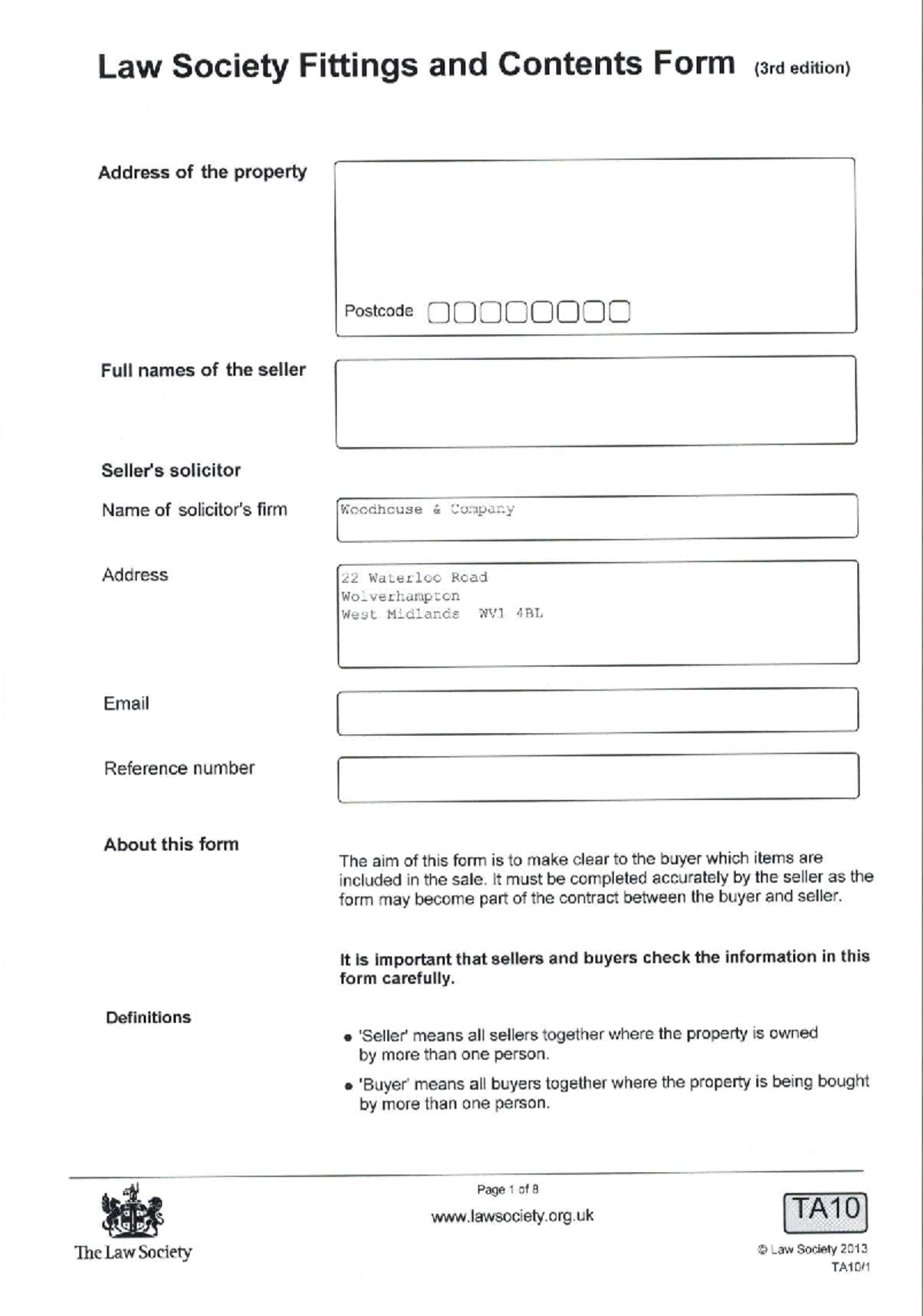 TA10 Fittings and Contents Form - Law Society 3rd Edition Guide - Studocu