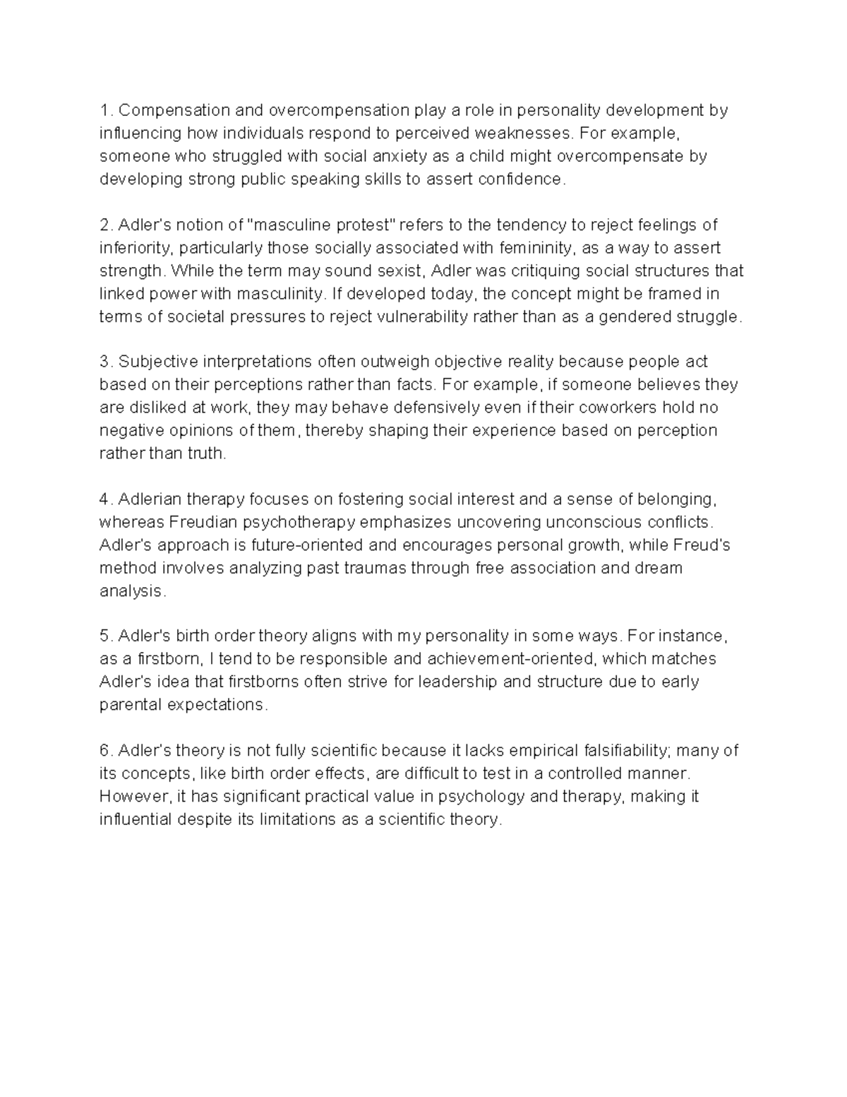 Adler's Theories on Personality Development and Therapy (PSY 101) - Studocu