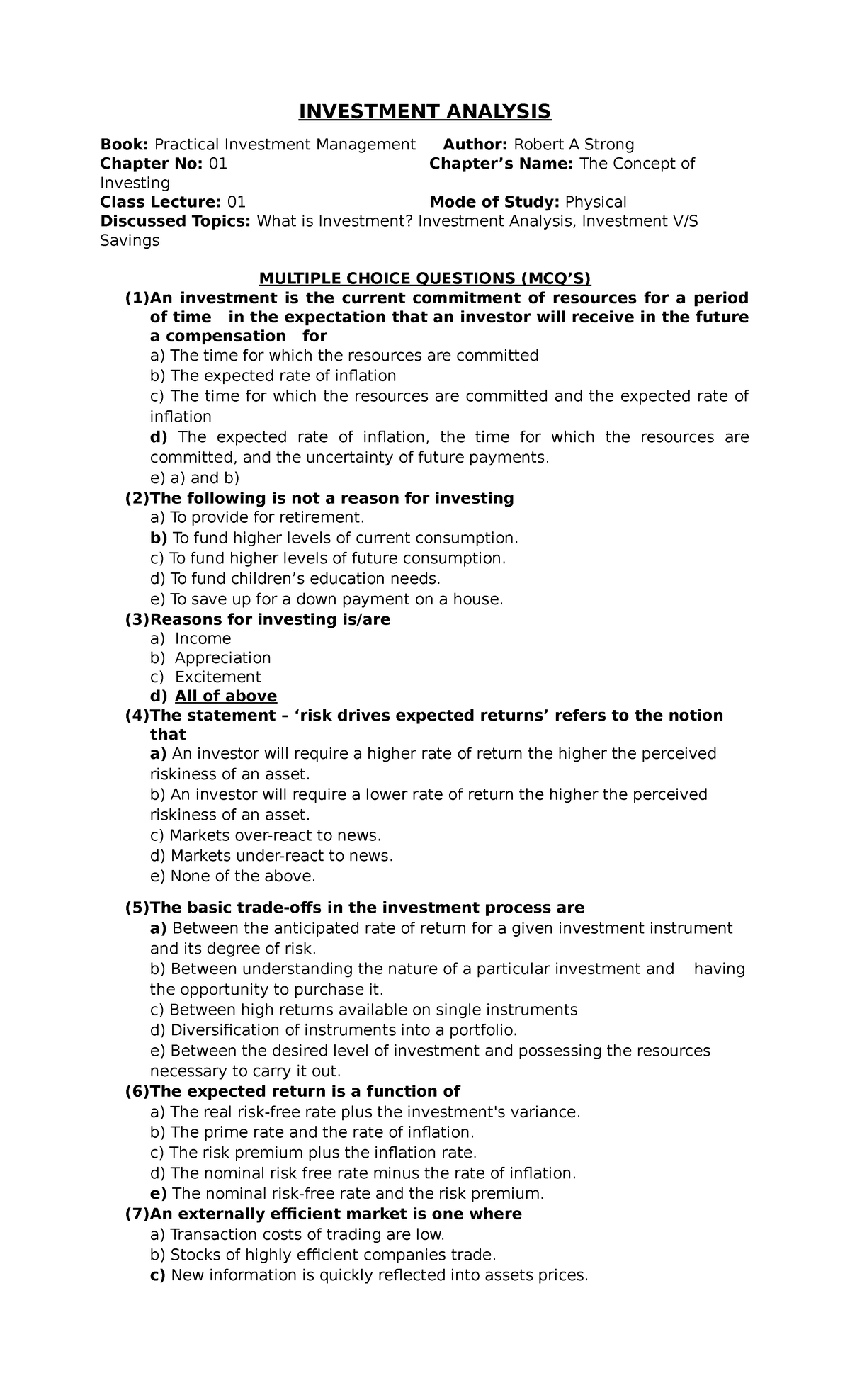 Investment Analysis MCQs for Final Exam (Course Code: INV101) - Studocu