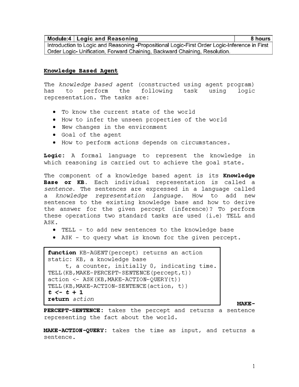 Module 4 - Knowledge Based Agent The knowledge based agent (constructed ...