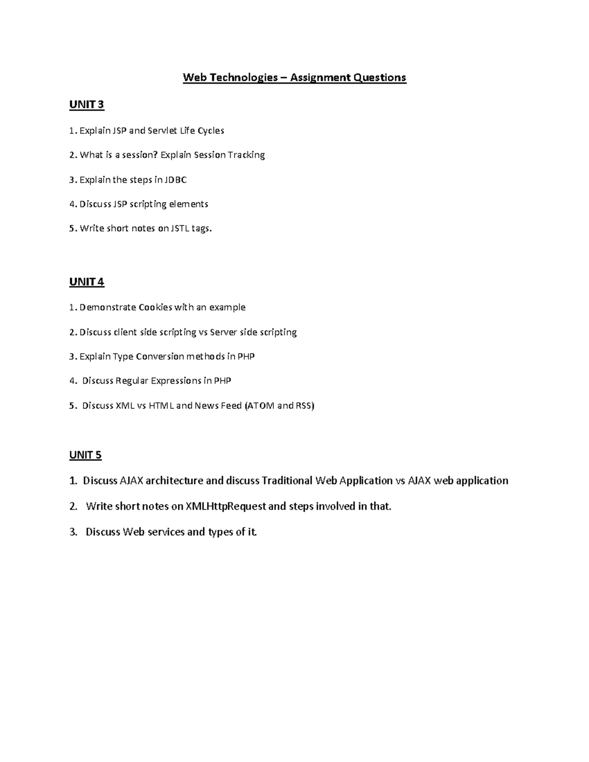 WT Assignment Questions: Web Technologies Units 3 to 5 Overview - Studocu