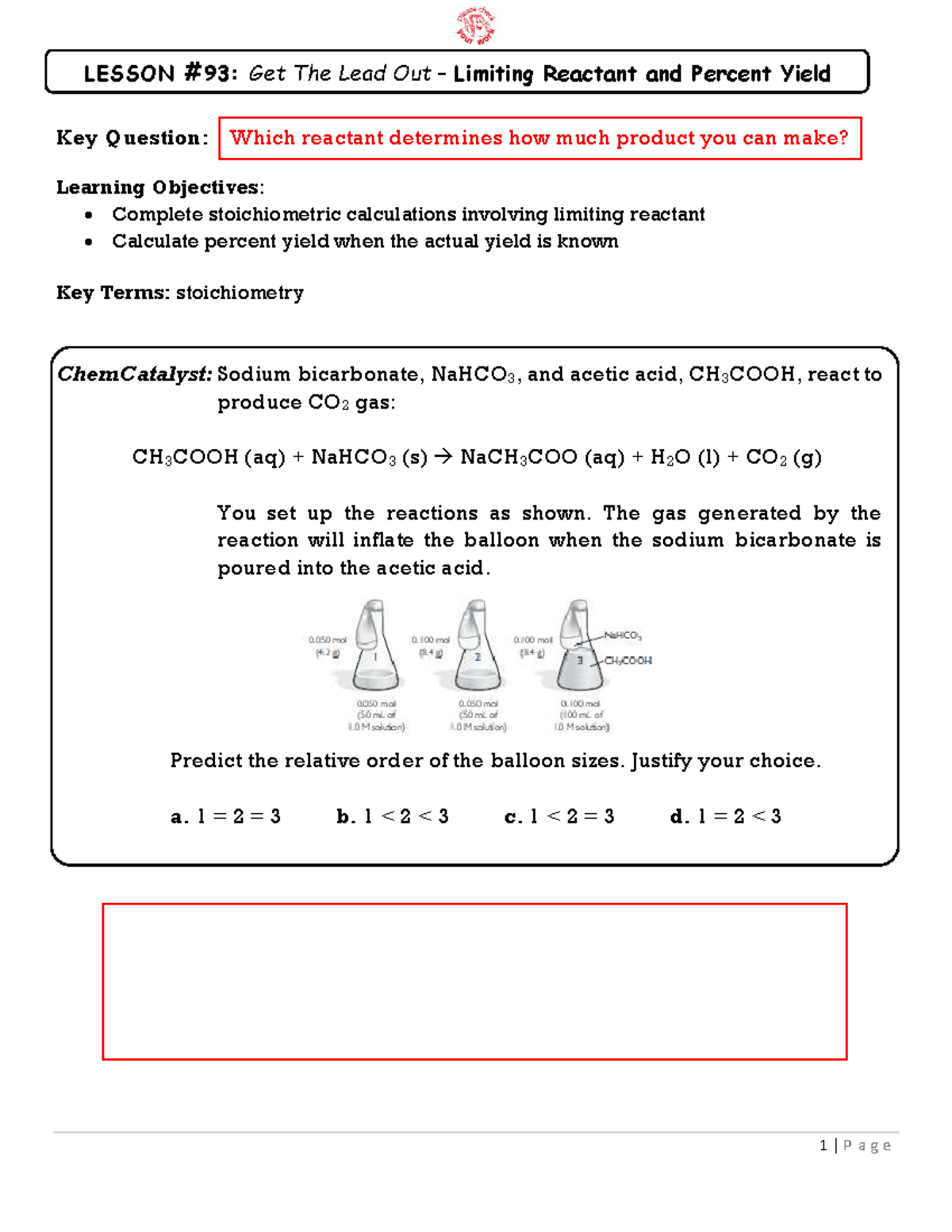 LESSON CHEM 101: Limiting Reactants and Percent Yield in Reactions ...