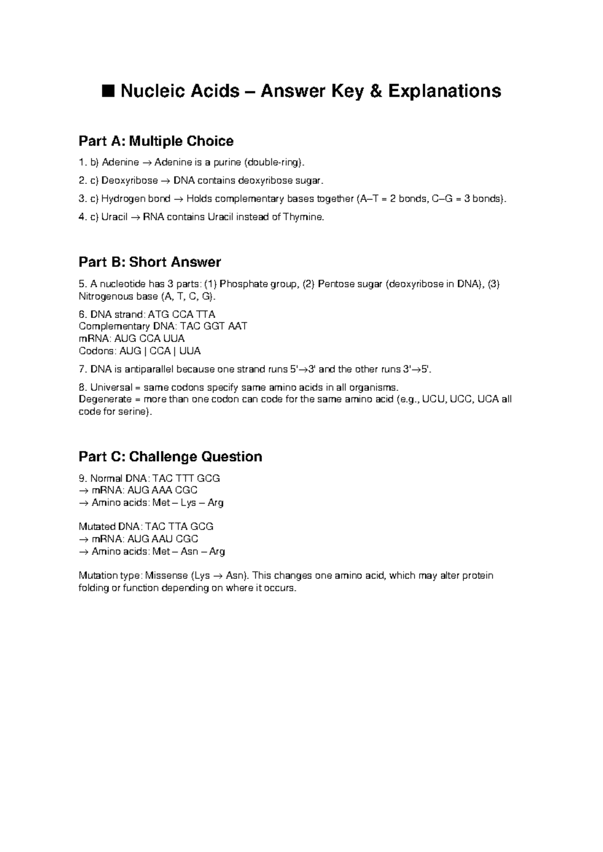 Nucleic Acids (BIO101) Answer Key: MCQs & Short Answers - Studocu
