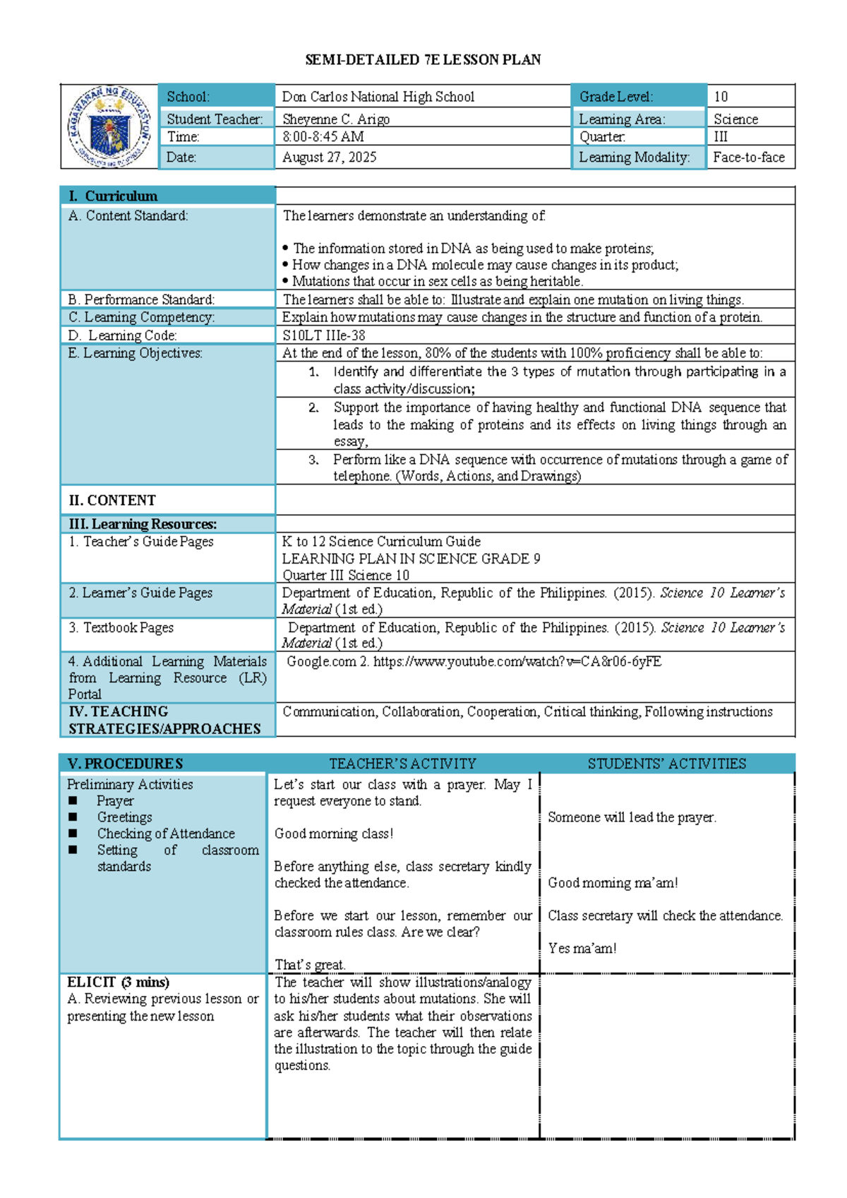 7E LESSON PLAN: Understanding DNA Mutations in Science 10 - Studocu