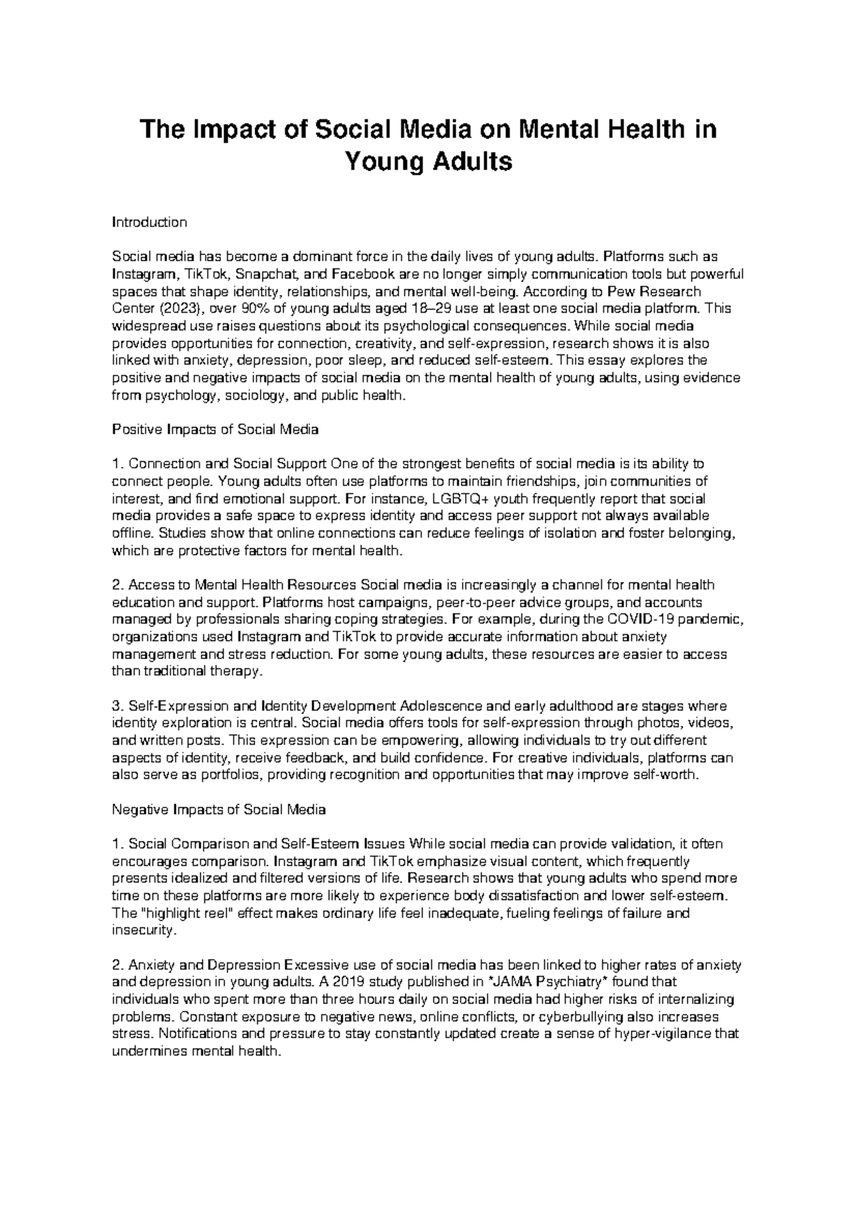 The Impact of Social Media on Young Adults' Mental Health Essay - Studocu