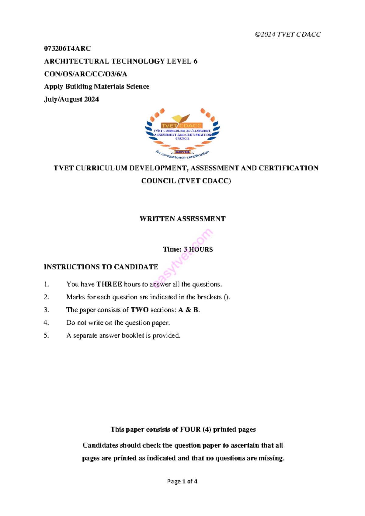 TVET CDACC 073206T4ARC Architectural Technology Level 6 Building ...